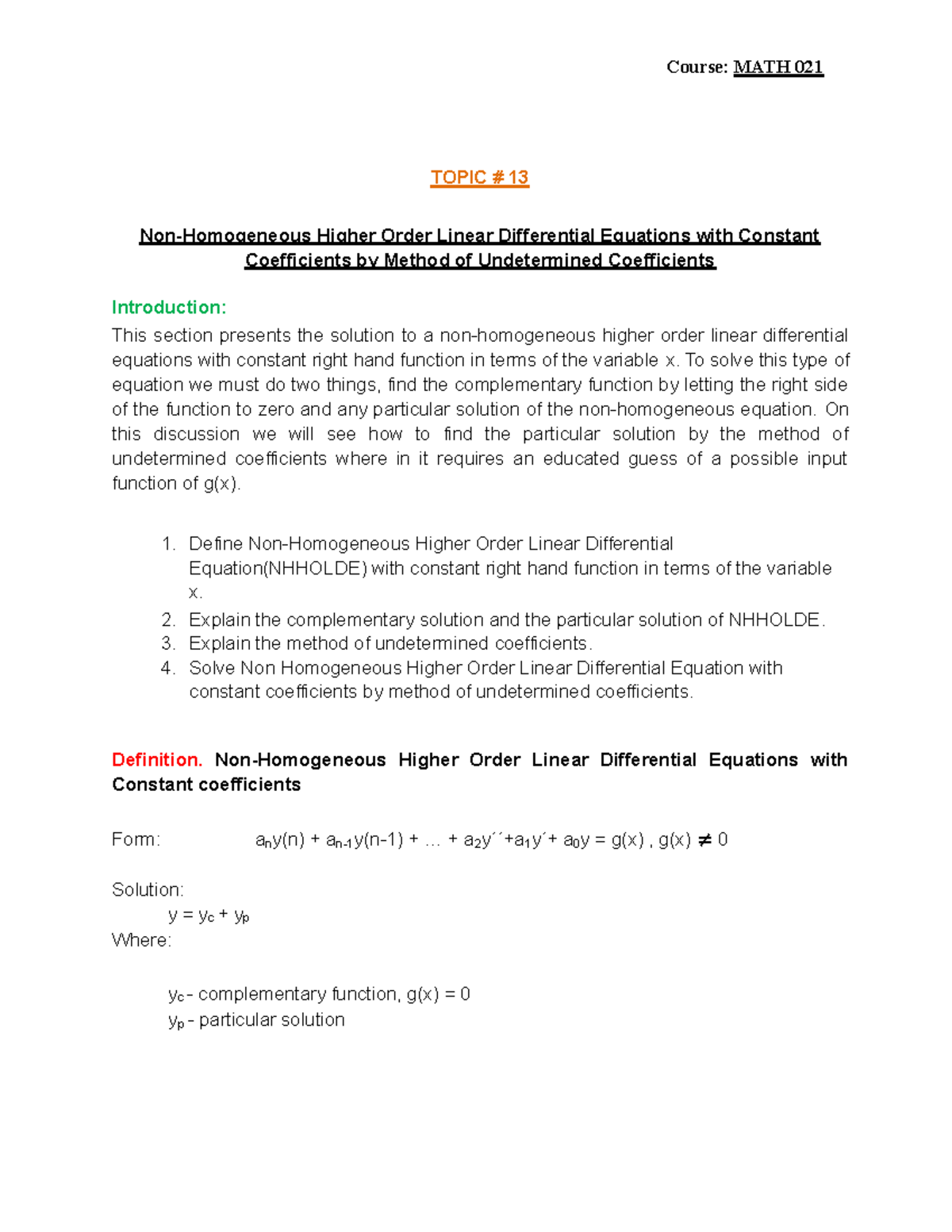Lesson 13 Non-Homogeneous Higher Order Linear Differential Equations ...