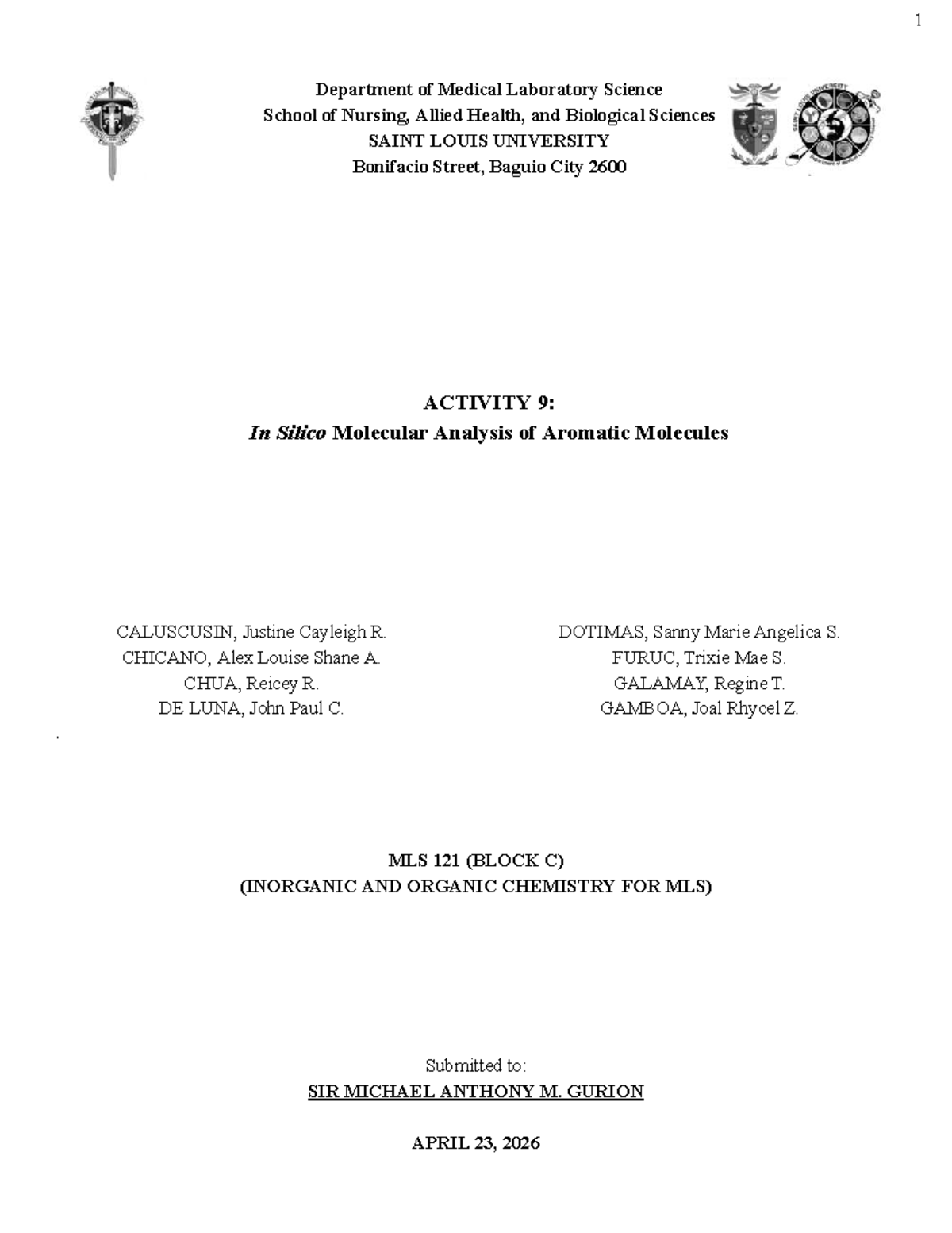 MLS 121 Activity 9: In Silico Analysis of Aromatic Molecules - Studocu