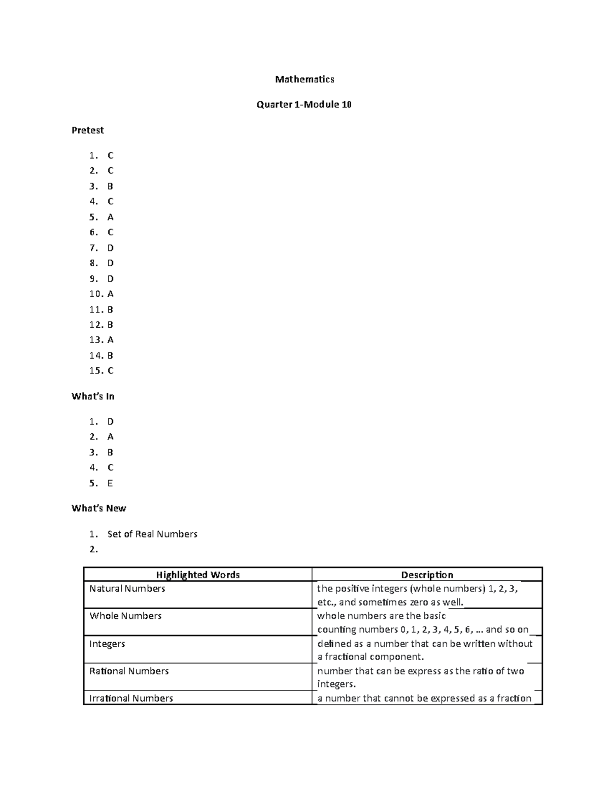 Mathematics-Module 10 - Mathematics Quarter 1-Module 10 Pretest C C B C ...