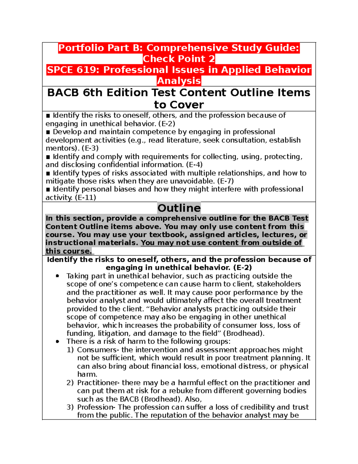 SPCE 619: Portfolio Part B Checkpoint 2 Study Guide on Ethics - Studocu