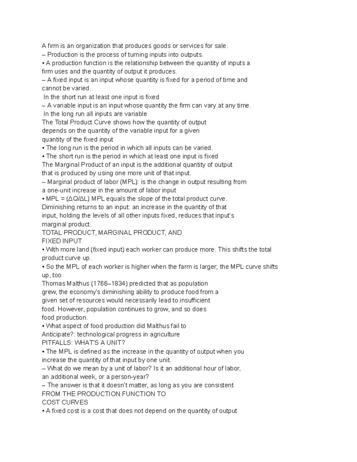 Microeconomics Ch14: Production Functions & Cost Analysis Notes - Studocu