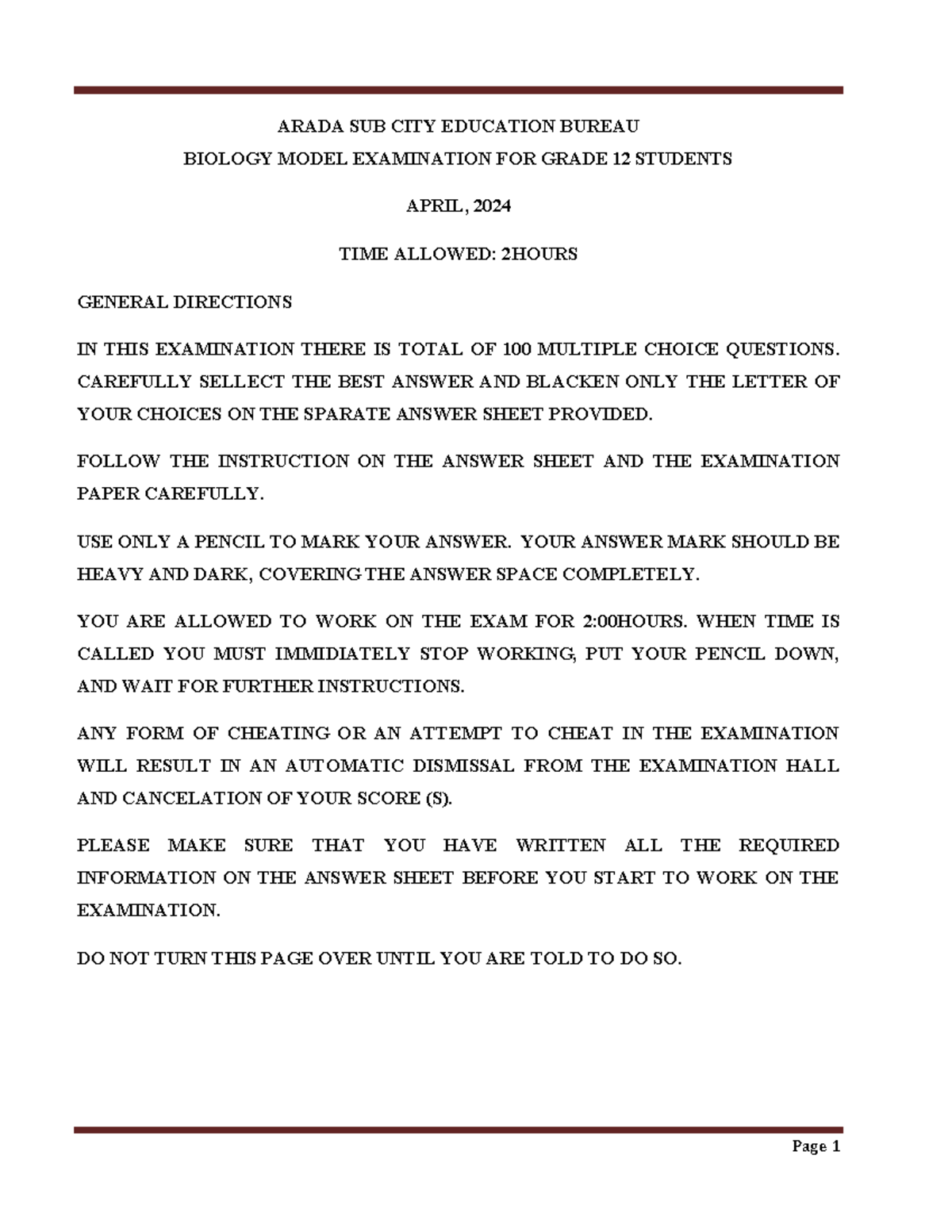 Arada Sub City Biology Model Exam for Grade 12 - April 2024 - Studocu