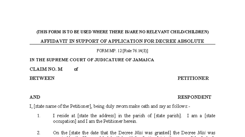 FORM MP. 12 - Affidavit for Decree Absolute Application - Studocu