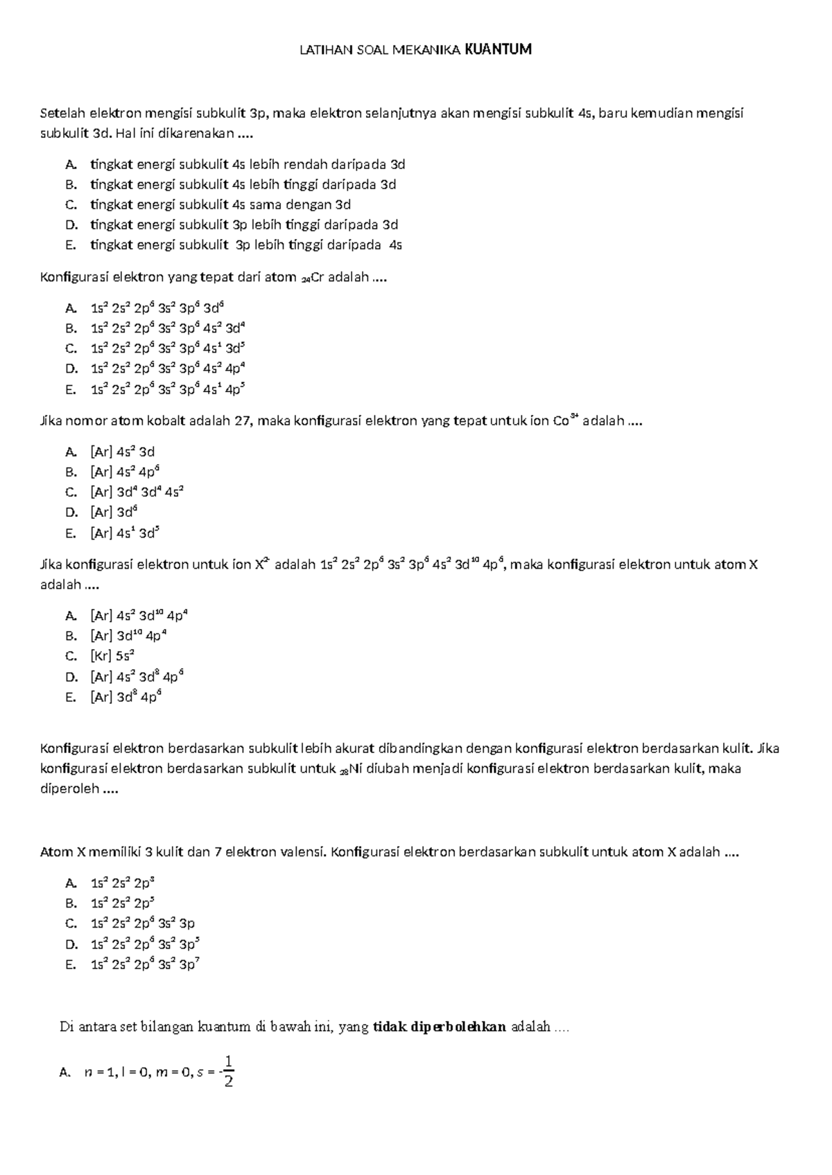 Latihan Soal Mekanika Kuantum: Konfigurasi Elektron dan Bilangan ...