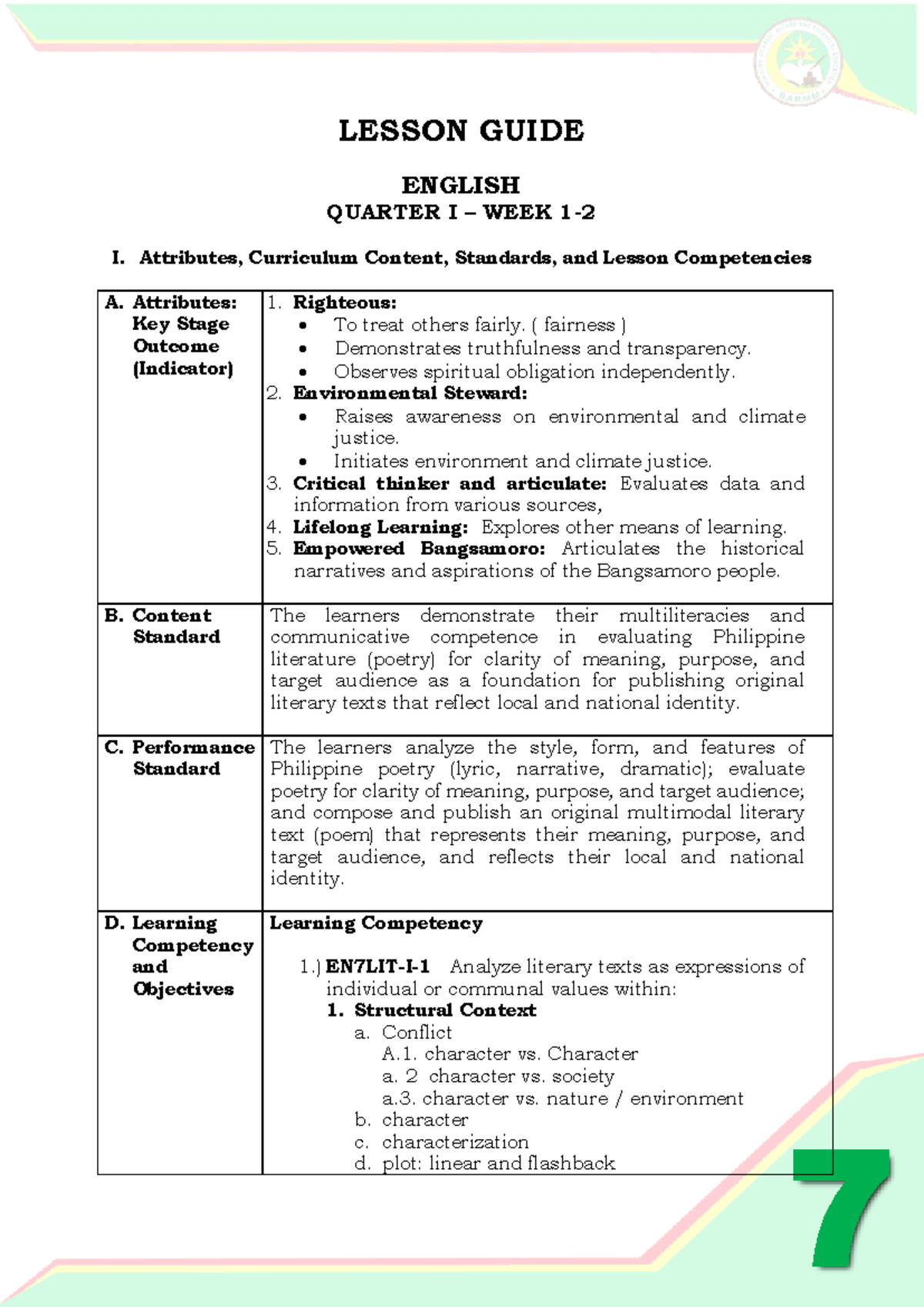 LG G7 ENGLISH QUARTER I WEEK I LESSON GUIDE ON POETRY - Studocu