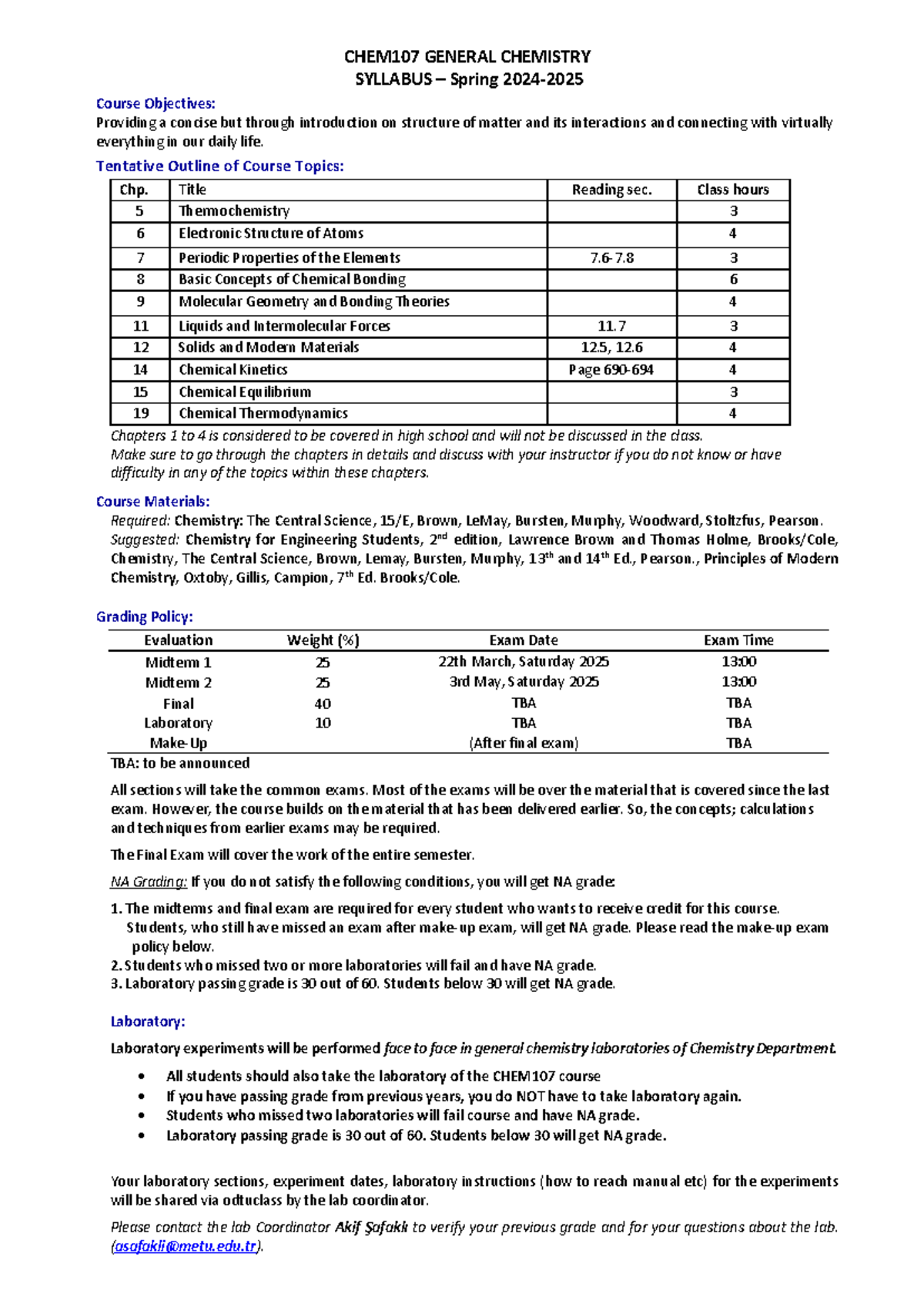 CHEM107 General Chemistry Syllabus Spring 2024-2025 Overview - Studocu