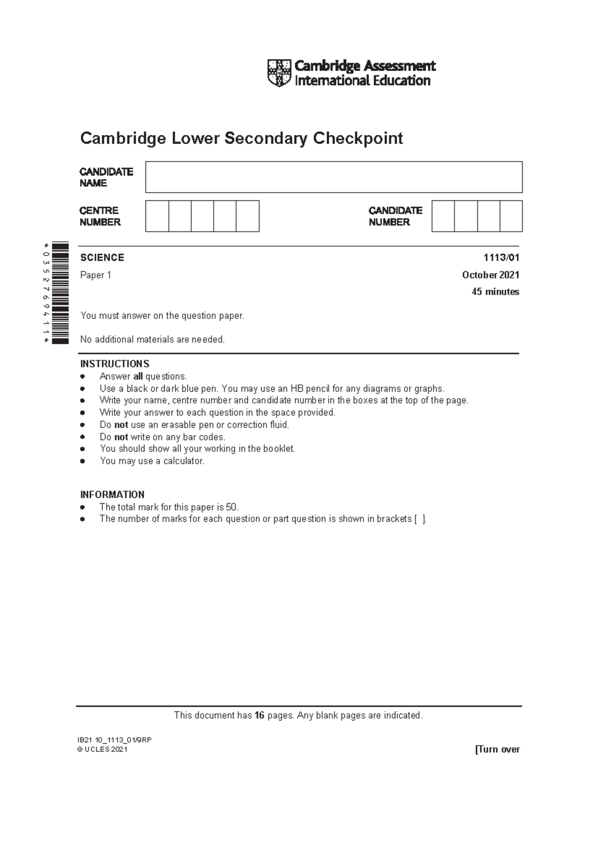 Cambridge Lower Secondary Checkpoint SCIENCE Paper 1 Practice - Oct ...