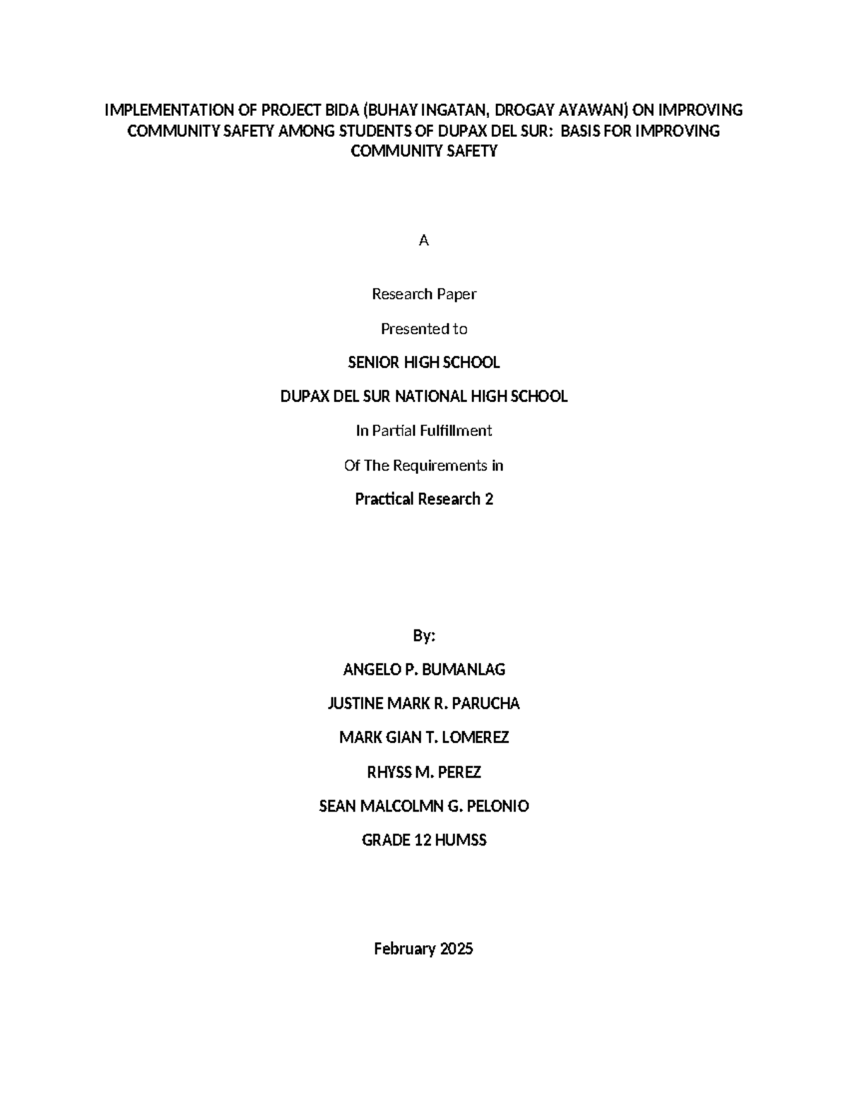 "Research on Project BIDA (Practical Research 2) for Community Safety ...