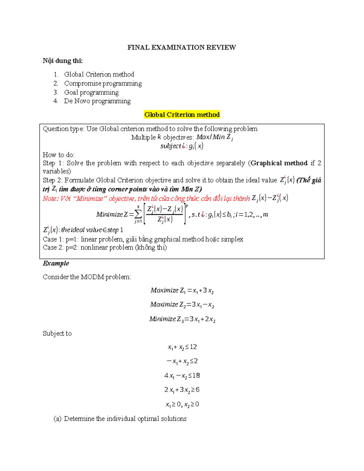 FINAL EXAM REVIEW: Global Criterion & Goal Programming Techniques - Studocu