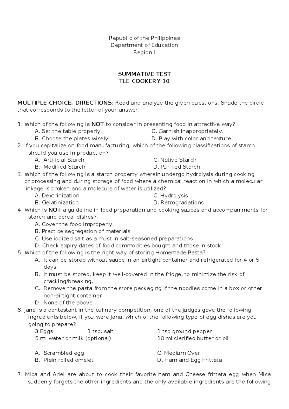 TLE Cookery 10 Summative Test - Food Preparation & Techniques - Studocu