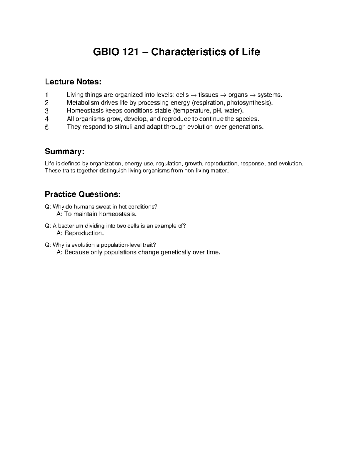 GBIO 121 Characteristics of Life Lecture Notes & Practice Qs - Studocu