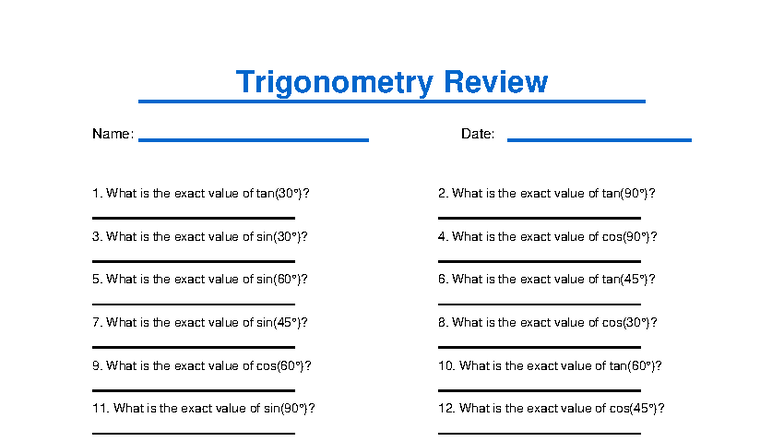 Trigonometry Review 3: Exact Values Practice Questions - Studocu