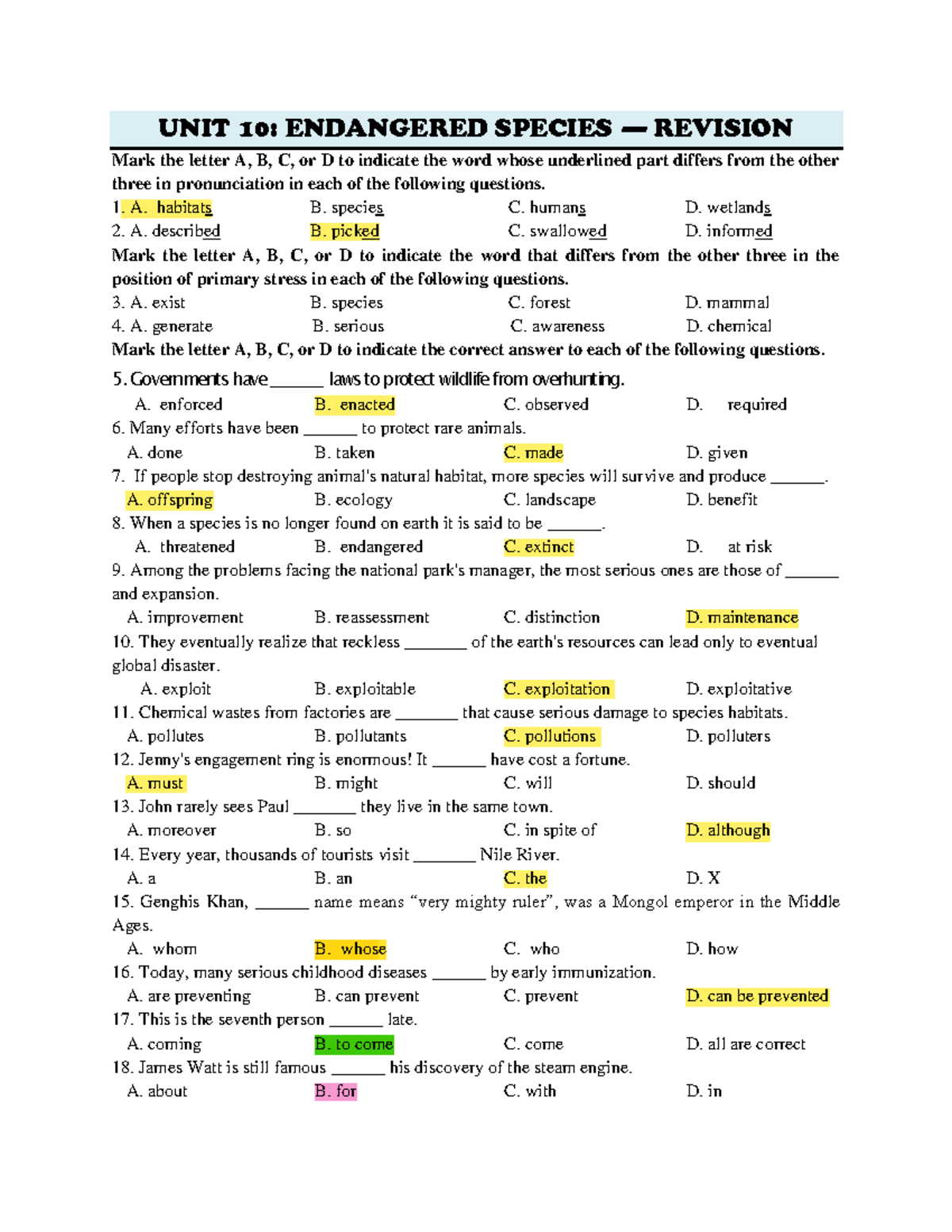 UNIT 10: ENDANGERED SPECIES REVISION - CXCXC - Studocu