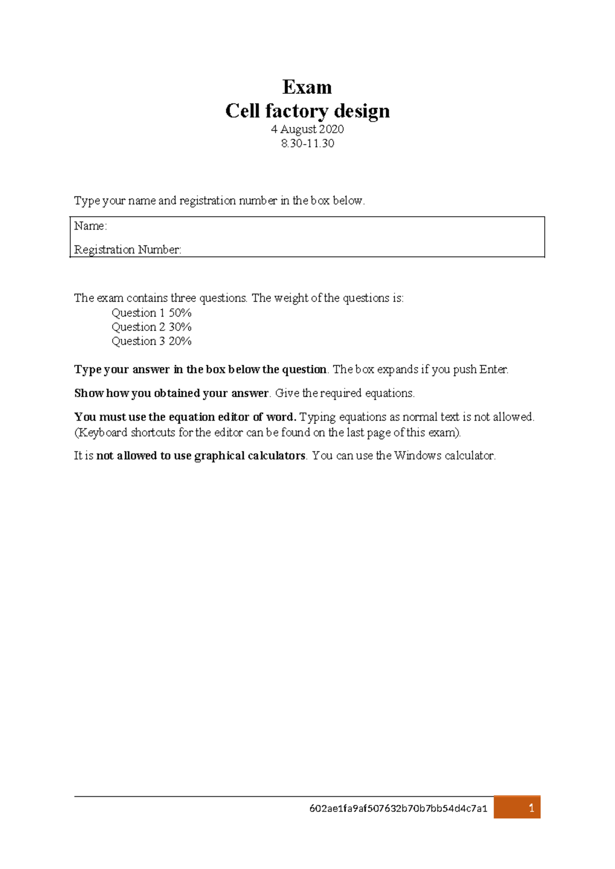 Exam BPE22306 2020 Aug - Cell Factory Design Oefenexamen - Studeersnel