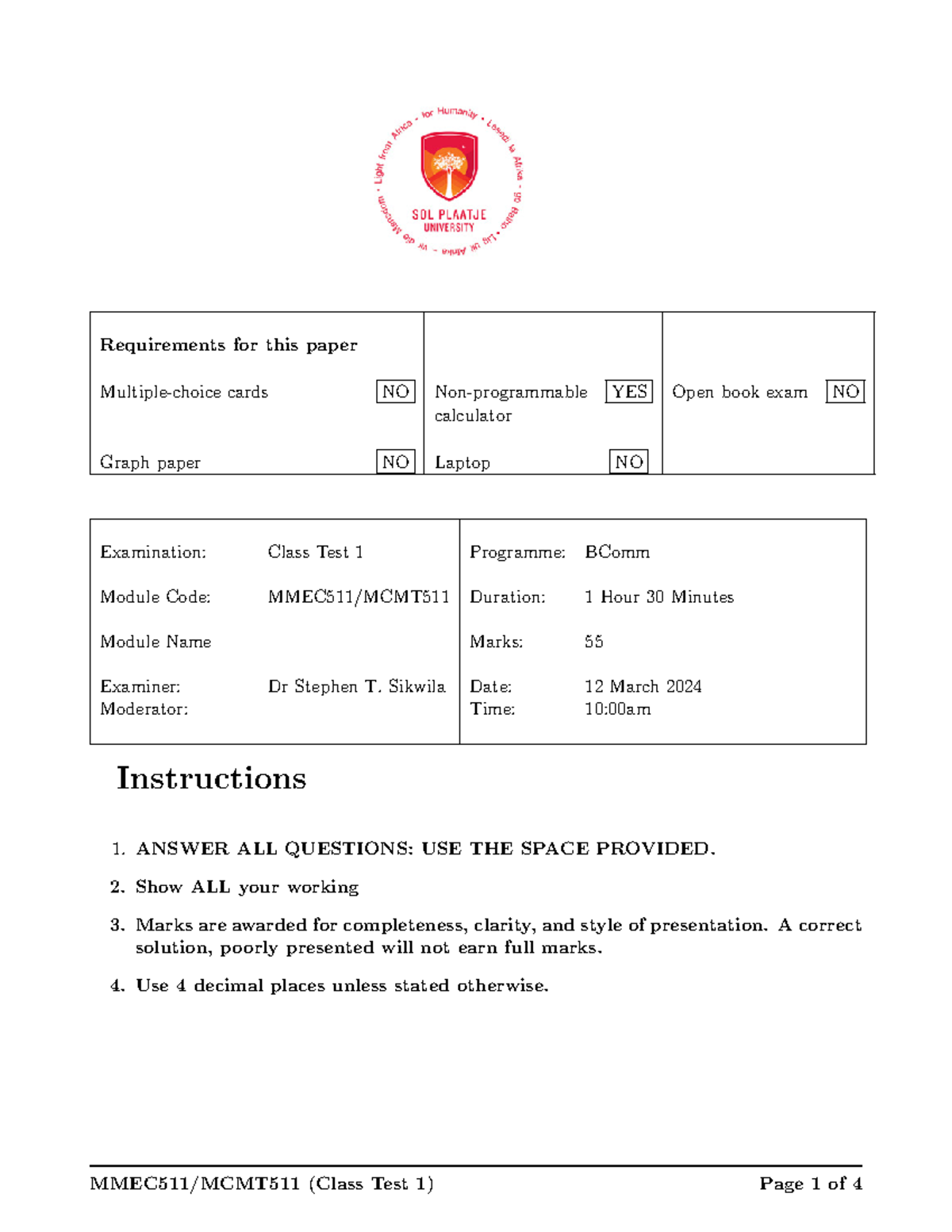 Class Test 1 BComm 2024 - Matrix Operations & Linear Systems - Studocu