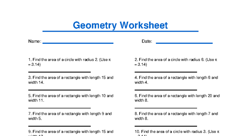 Geometry Worksheet 8: Area Calculations and Answers - Studocu