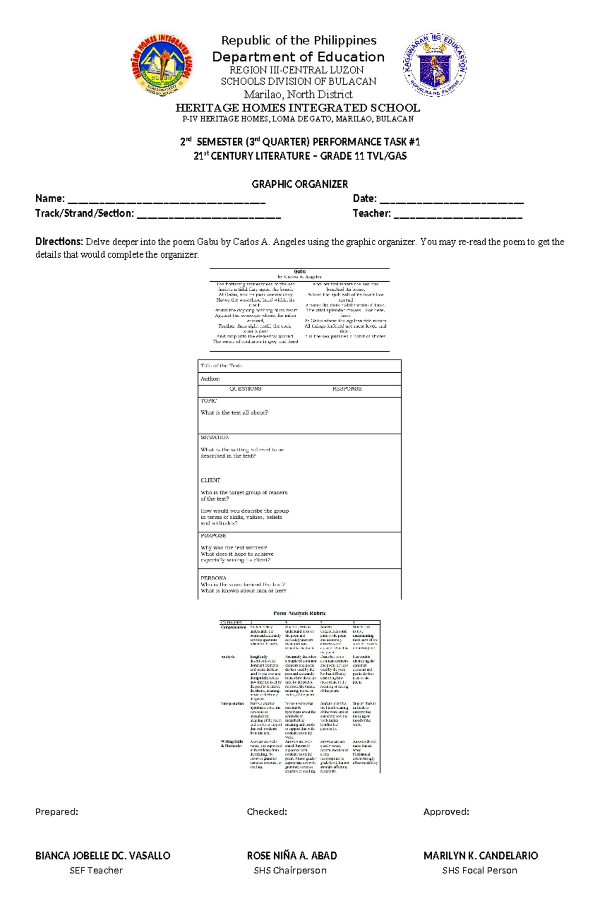 PETA 1 - 21st Century Lit Performance Task for GRADE 11 TVL/GAS - Studocu