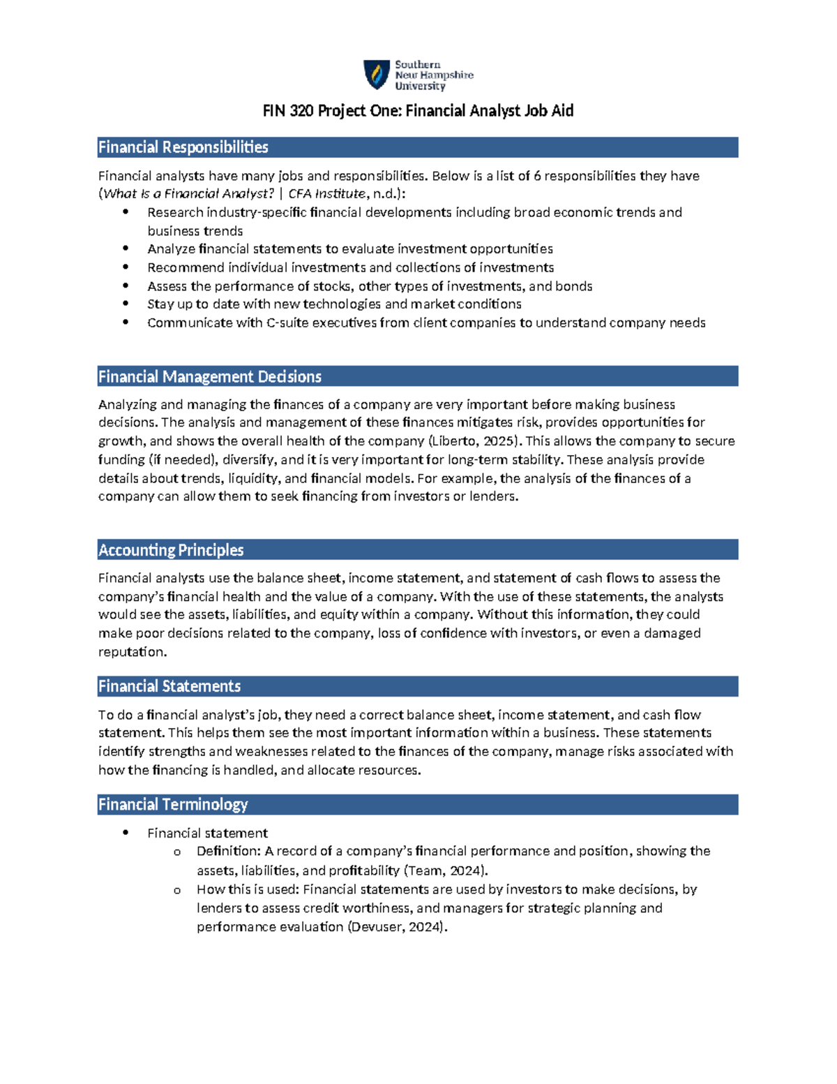 FIN 320 Project One: Financial Analyst Responsibilities and Insights ...