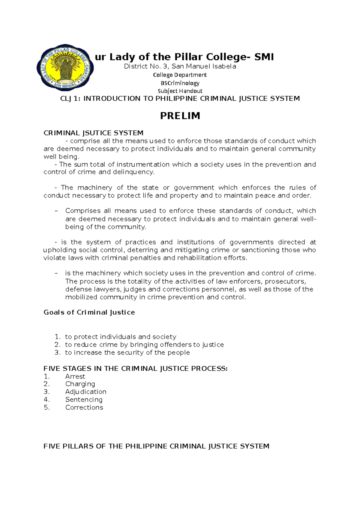 CLJ 1: Overview of Philippine Criminal Justice System Concepts - Studocu