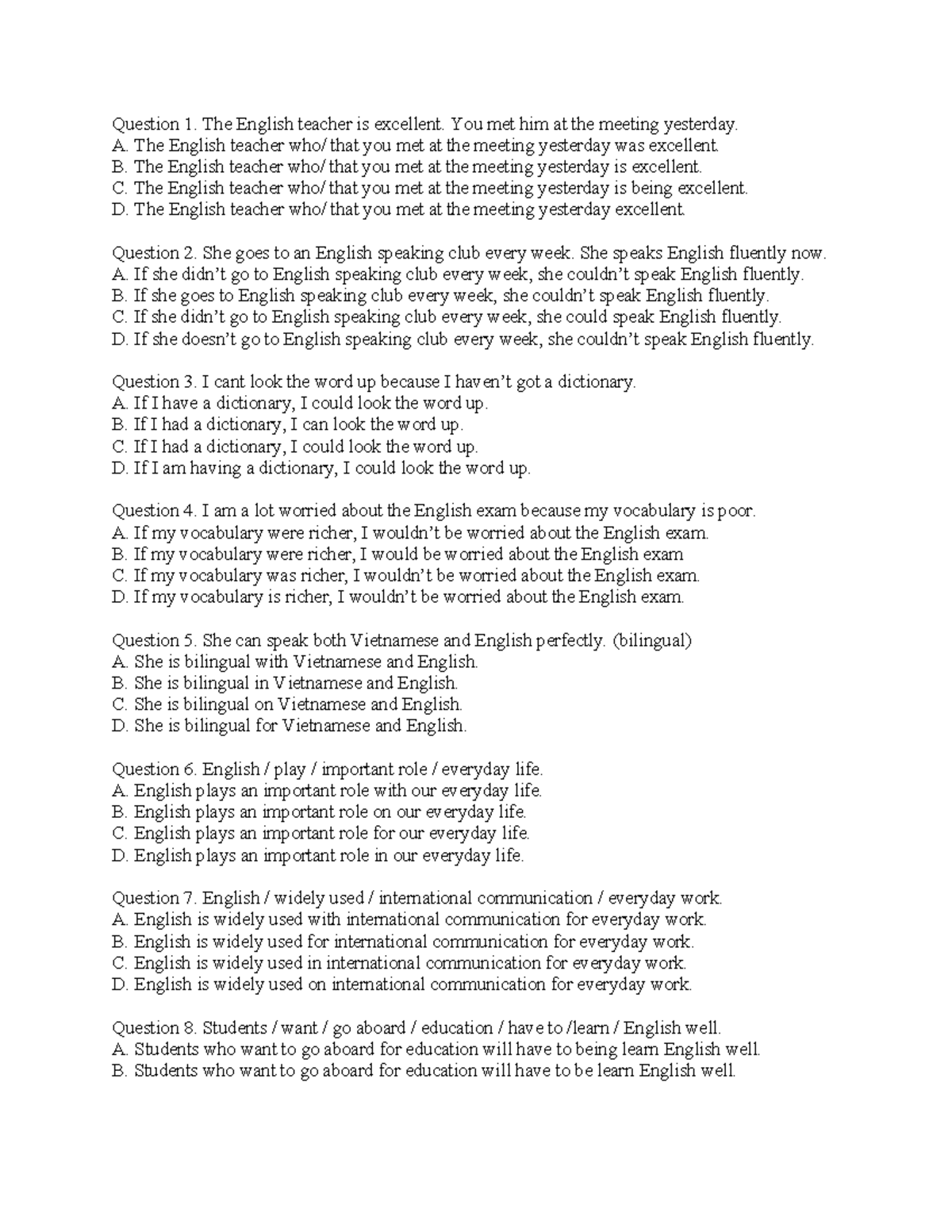 G9 - English Grammar Practice for Entrance Exam - Studocu
