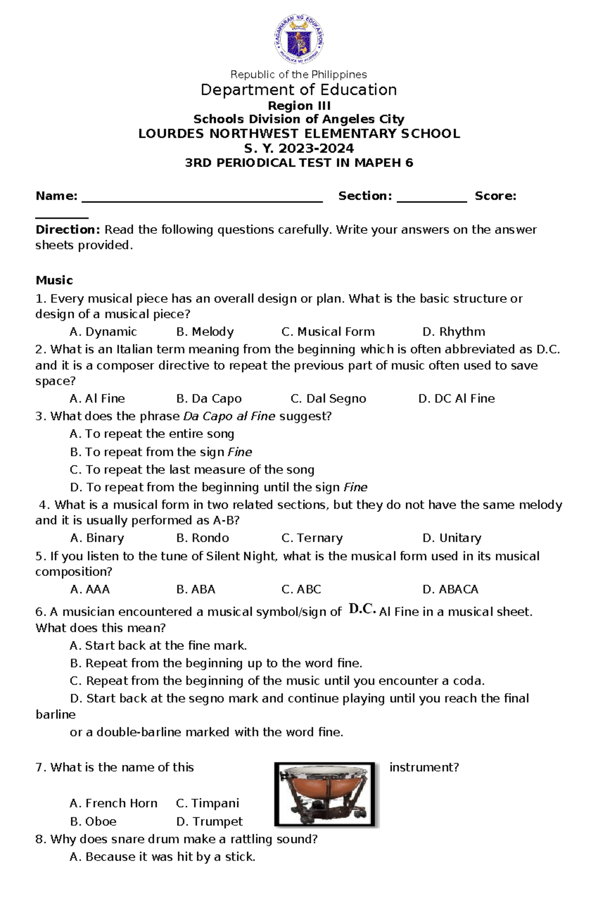 3RD Periodical TEST in MAPEH 6 with Answer Key - Studocu
