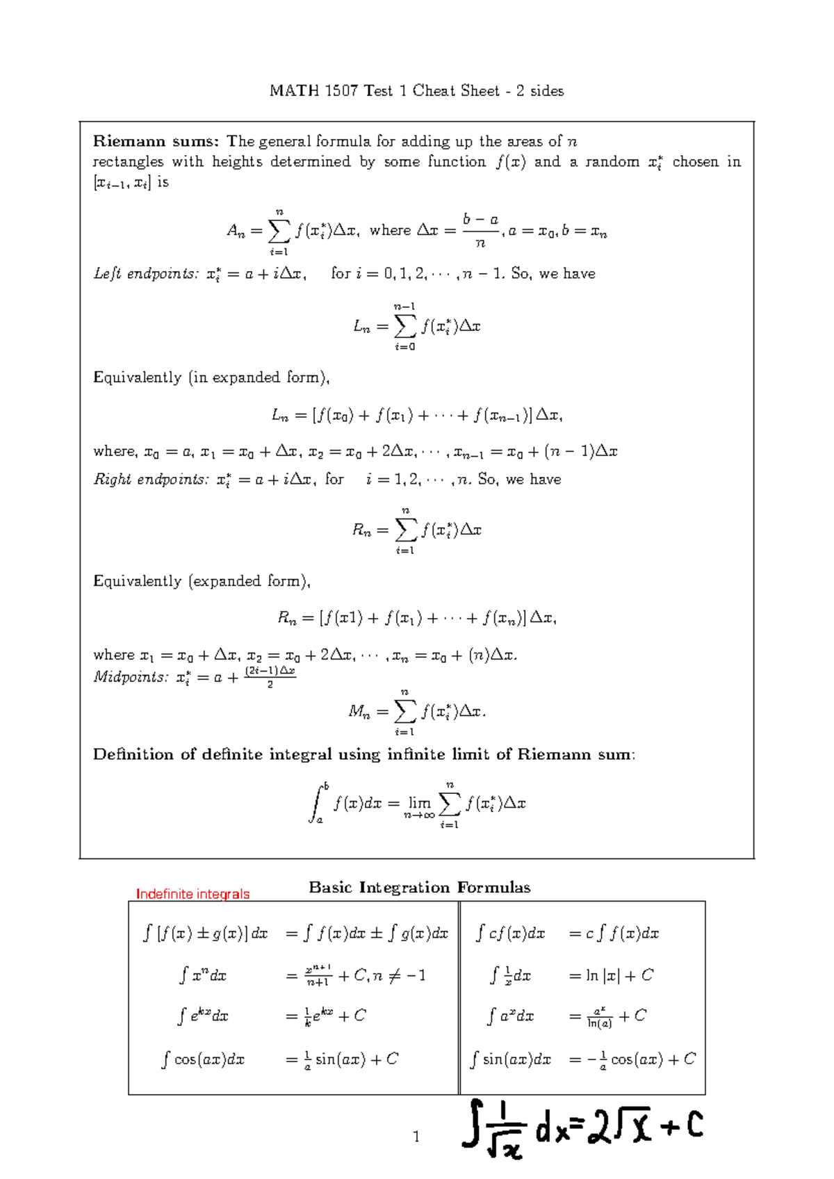 MATH 1507 Test 1 Cheat Sheet: Riemann Sums & Integration Formulas - Studocu