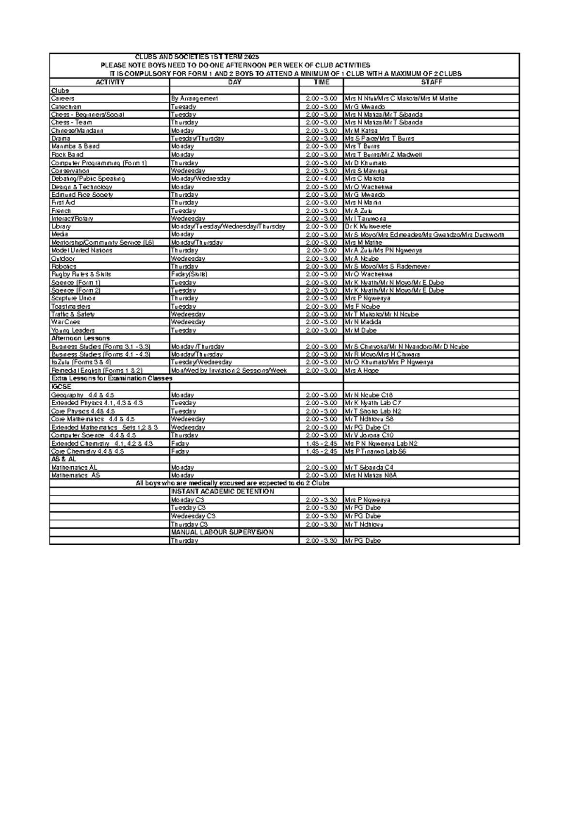 Calendar TERM 1 2025 Clubs - ACTIVITY DAY TIME STAFF Clubs Careers By ...