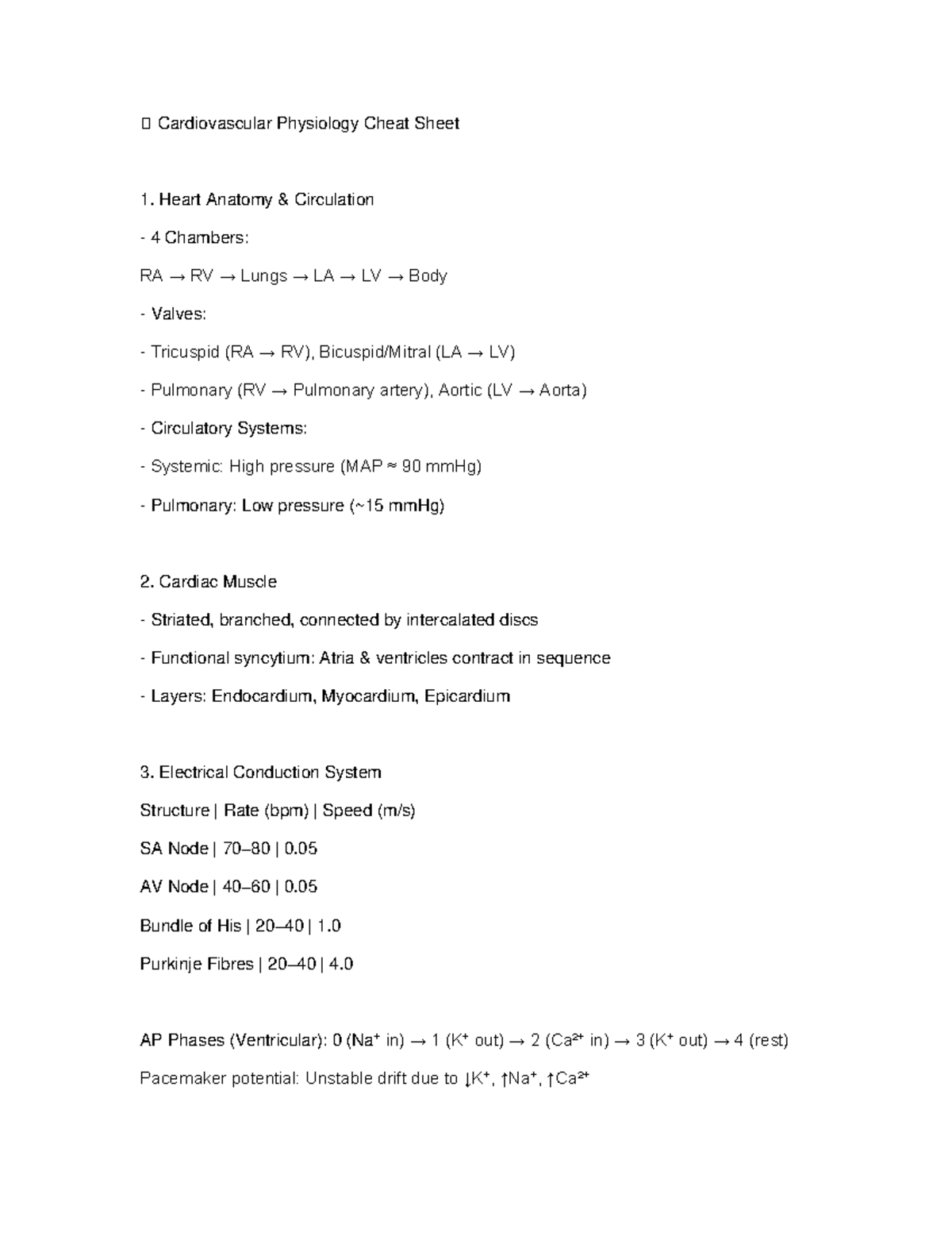 Cardiovascular Physiology Part1 Cheat Sheet - 🫀 Cardiovascular ...