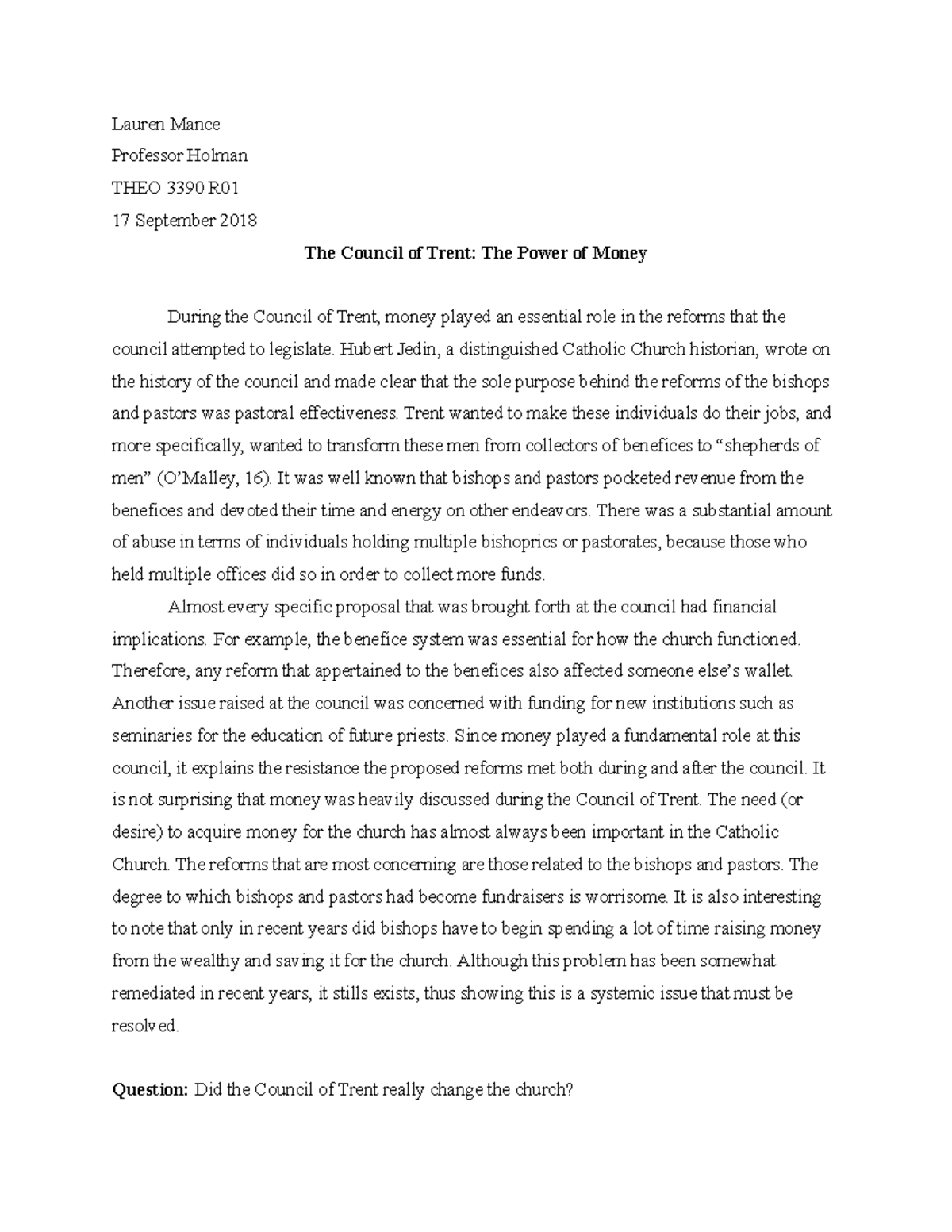 Discussion Paper 2 - Grade: A - Lauren Mance Professor Holman THEO 3390 ...