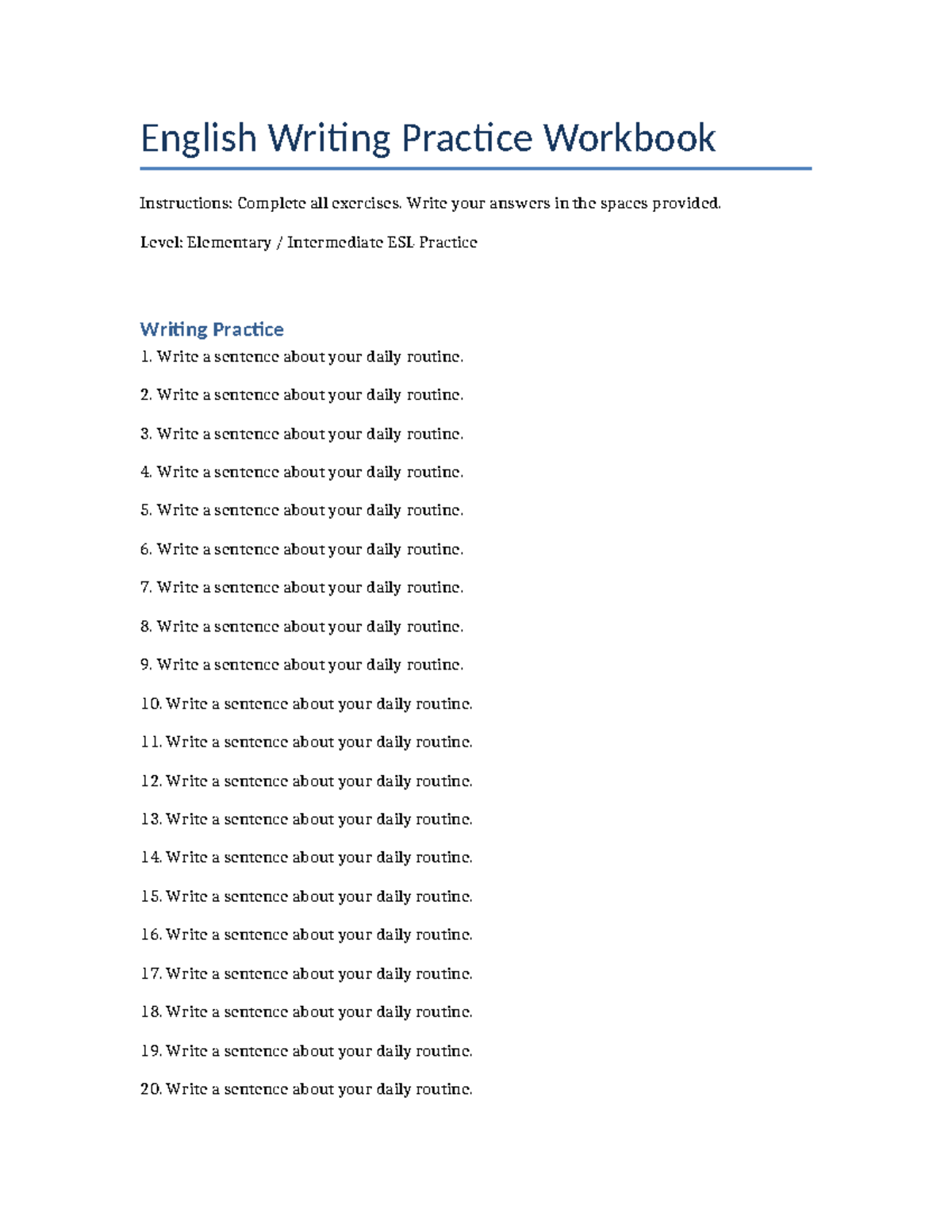 ESL Writing Practice Workbook: Daily Routine Exercises - Studocu