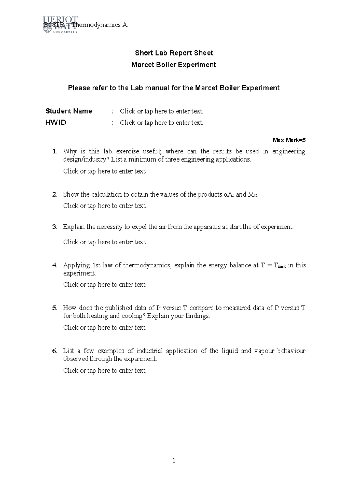 B58TB - Short Lab Report on Marcet Boiler Experiment 2021 - Studocu