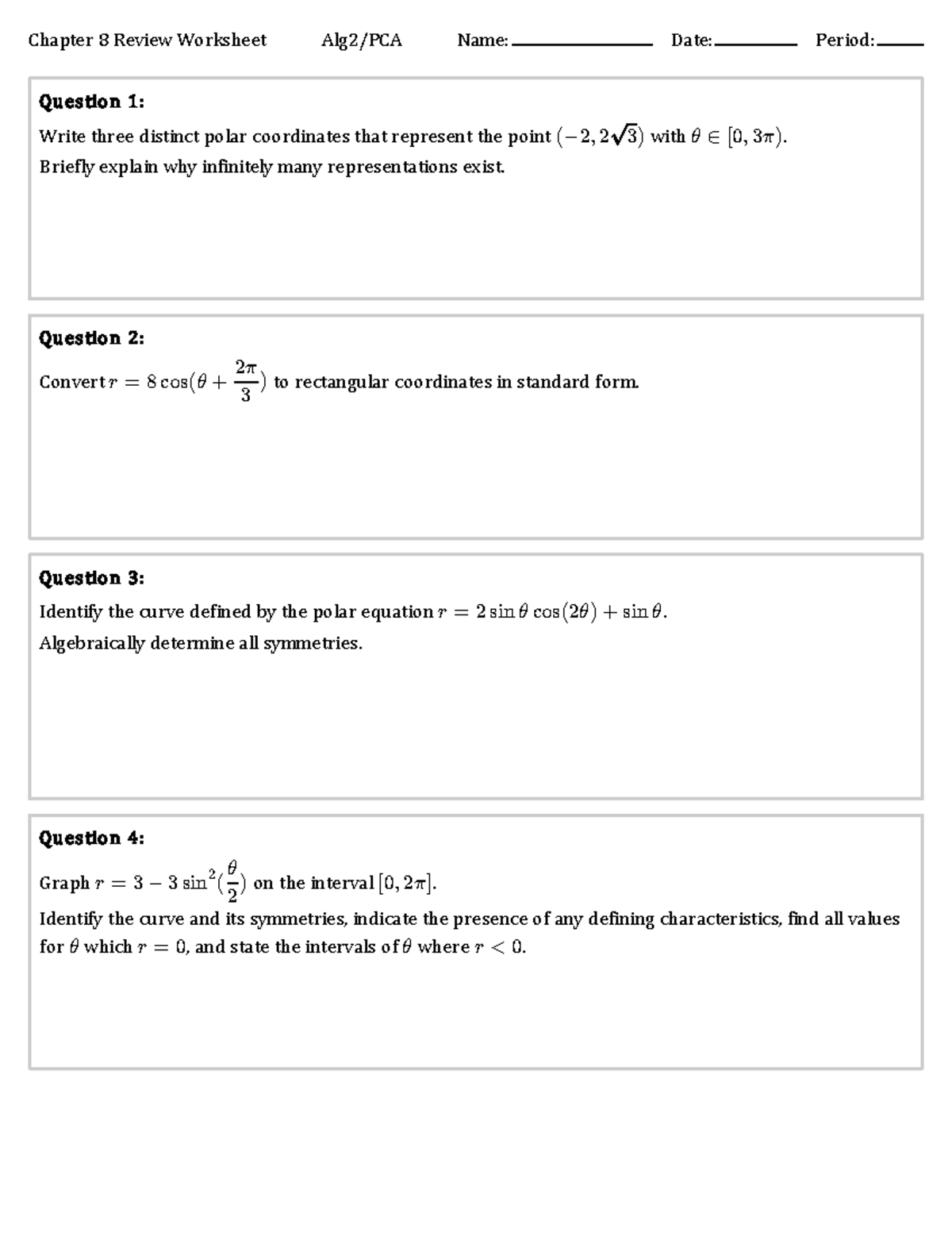 Chapter 8 Review Worksheet: Polar Coordinates Practice - Studocu