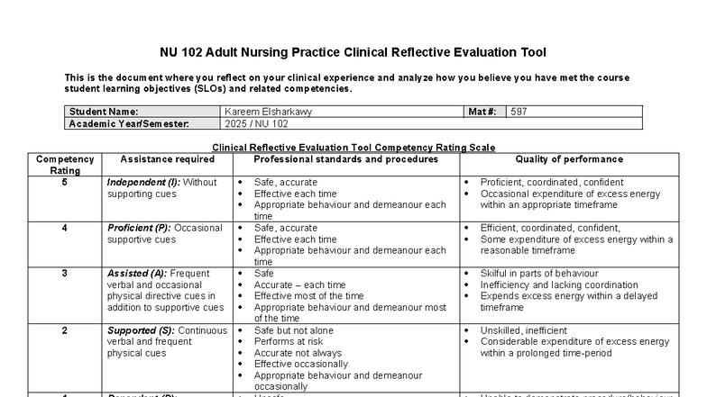 NU 102 Clinical Reflective Evaluation Tool: Adult Nursing Practice Insights - Studocu