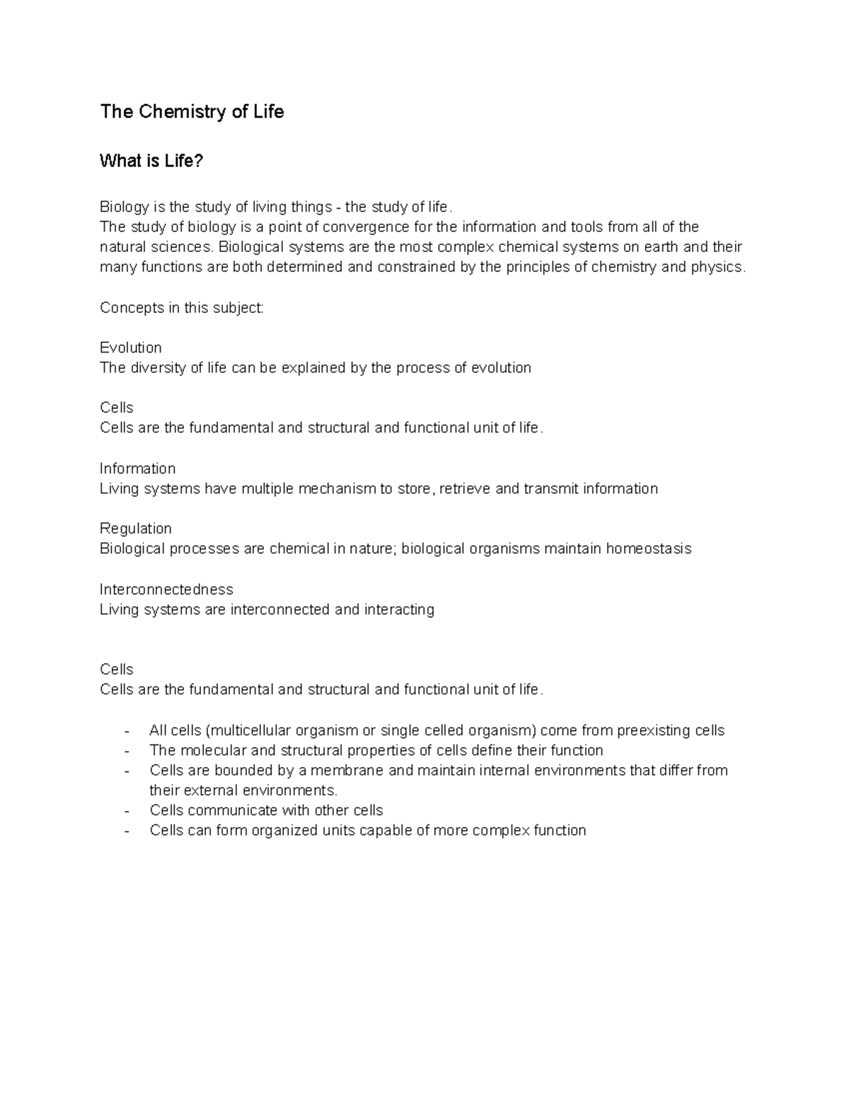 Chemistry of Life Concepts - Biology 101 Overview - Studocu