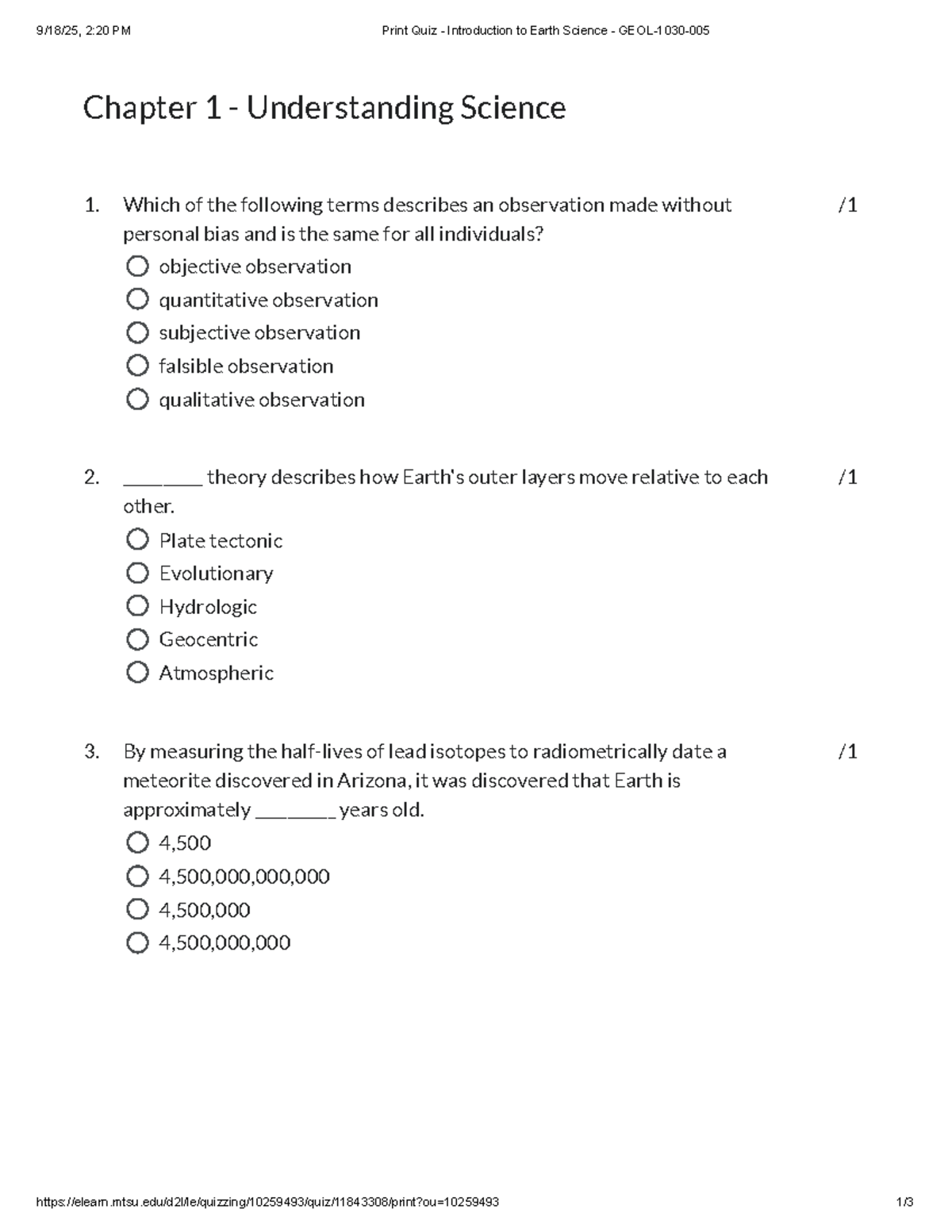 Quiz on Introduction to Earth Science - GEOL-1030-005 - Studocu