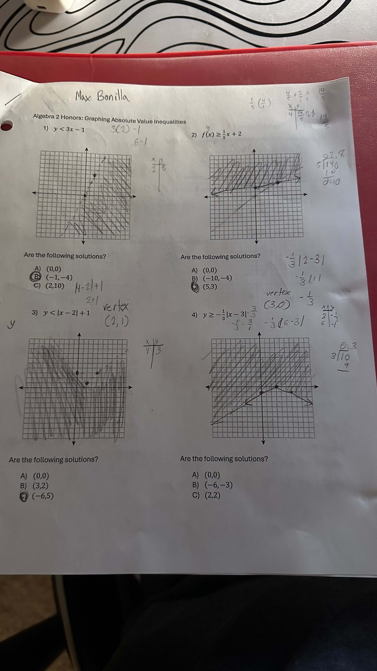 Algebra 2 Honors (4): Graphing Absolute Value Inequalities Solutions ...