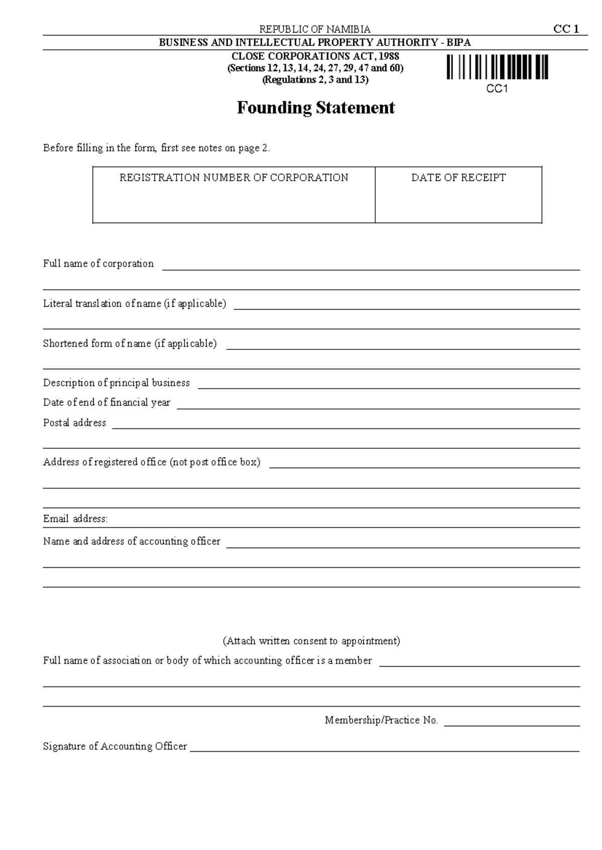 CC1 - Founding Statement of Close Corporation (Namibia) - Studocu