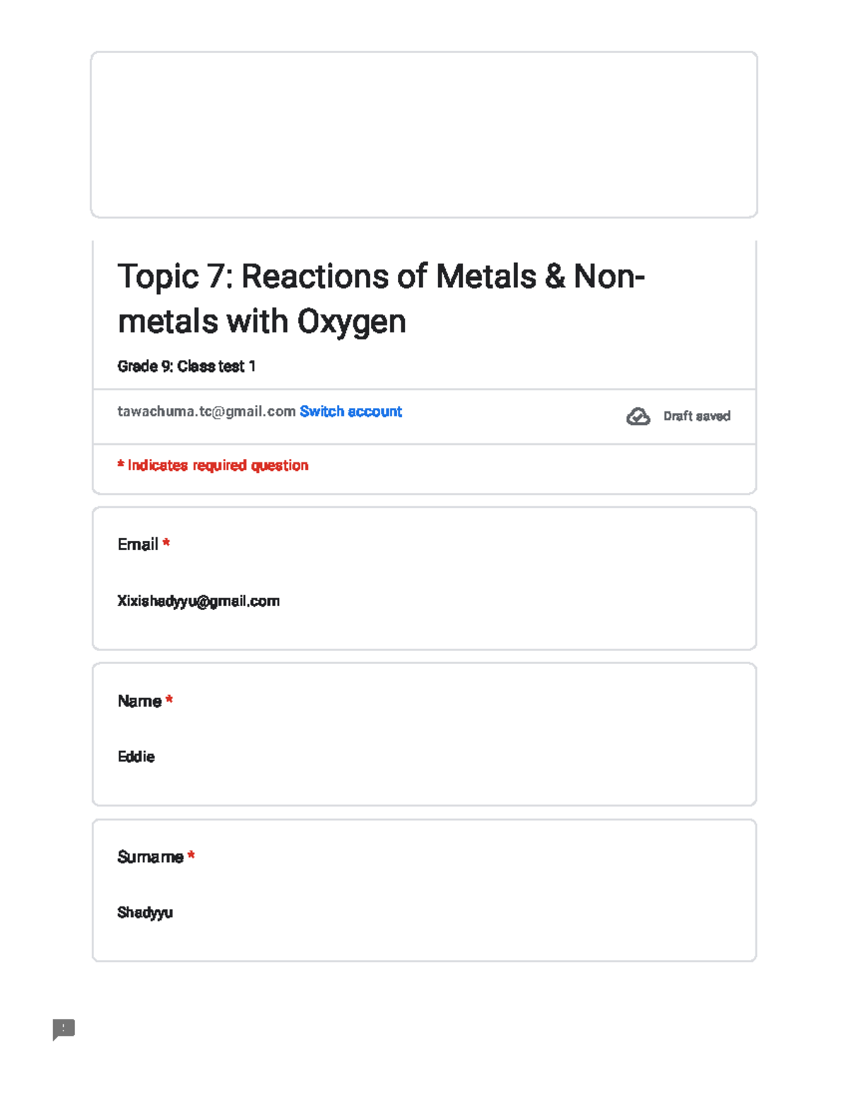 Grade 9 Class Test 1: Reactions of Metals & Non-Metals with Oxygen ...