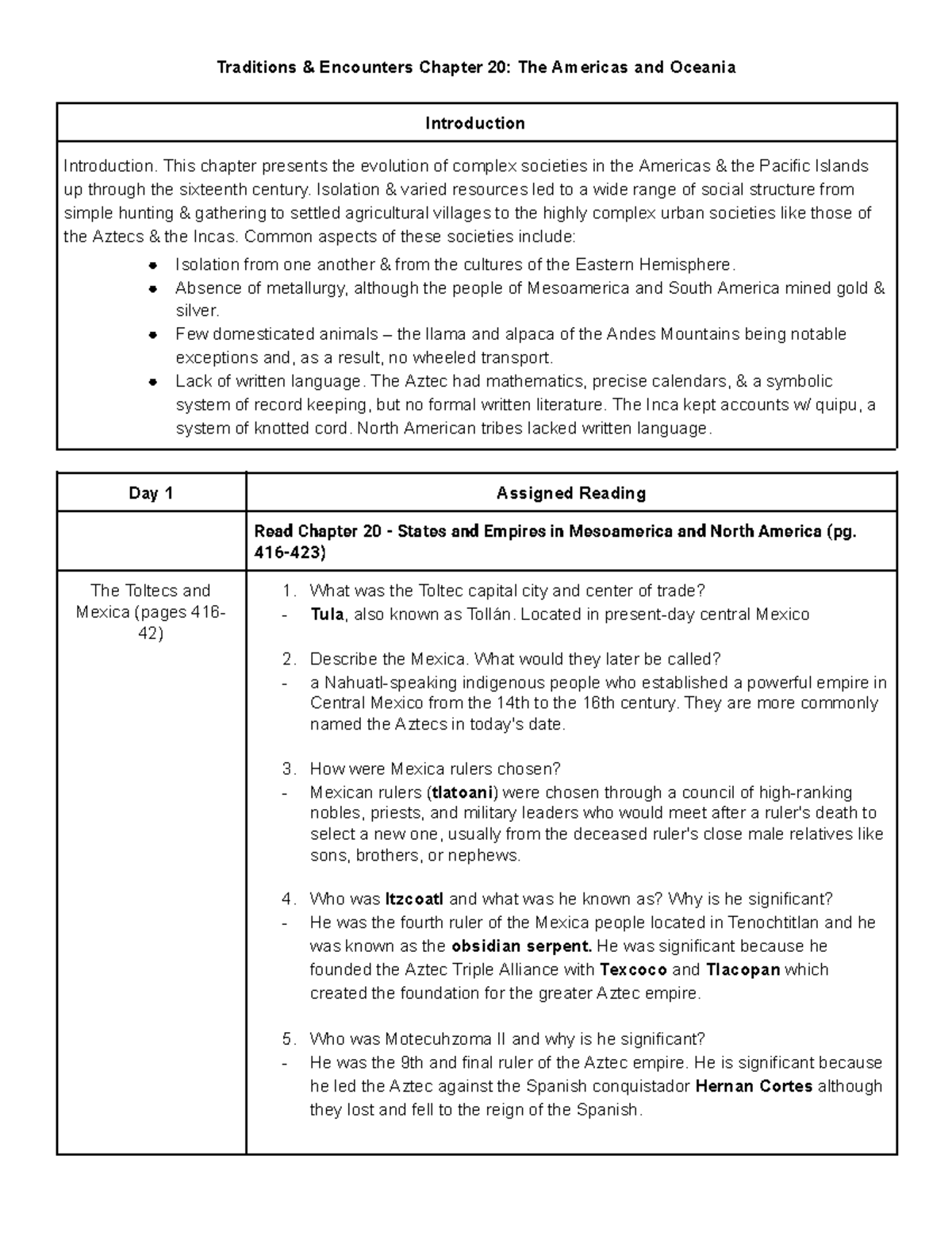 Traditions & Encounters: Chapter 20 Reading Guide - The Americas ...