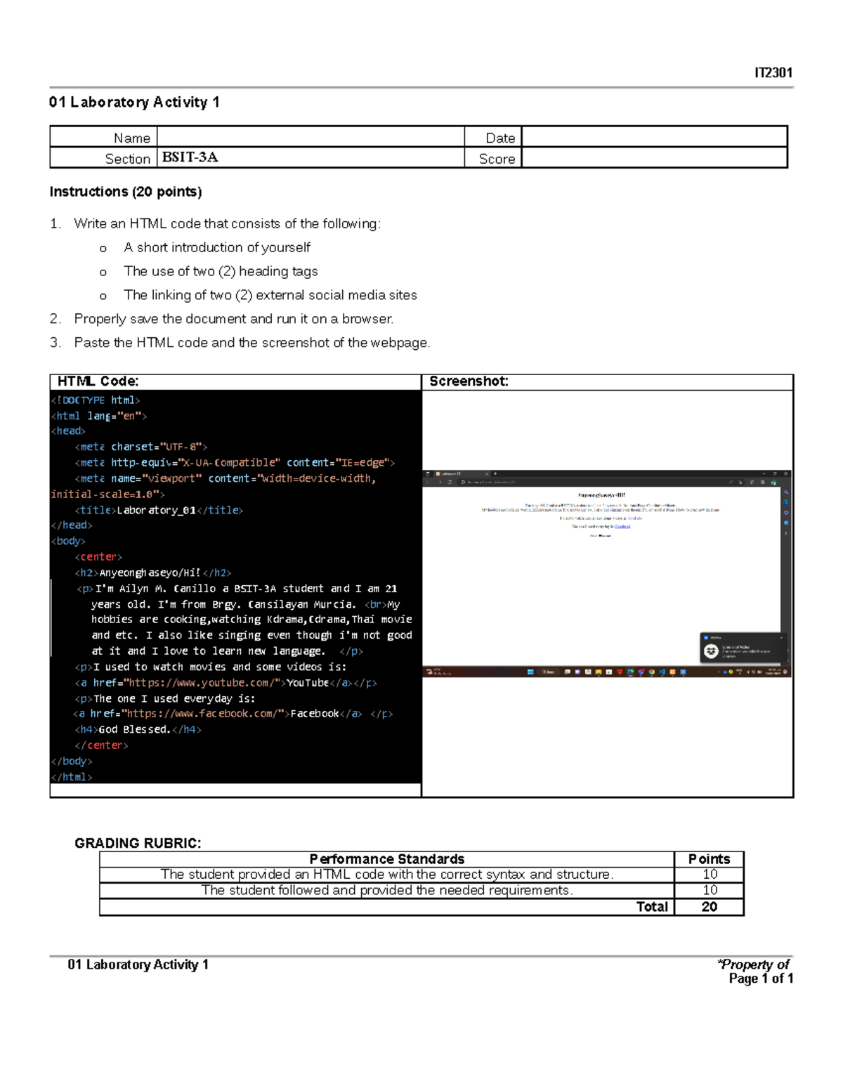 01 Laboratory Activity 1 - 01 Laboratory Activity 1 IT Name Date ...
