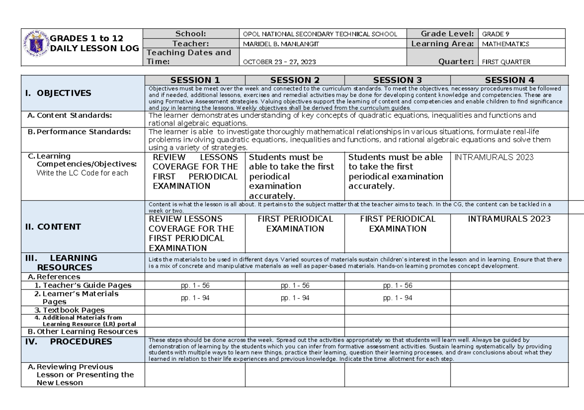 DLL GRADE 9 MATHEMATICS Q1 WEEK 9 LESSON LOG 2023-2024 - Studocu