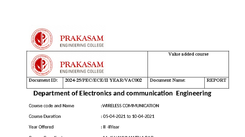 Value Added Course Report: Wireless Communication (ECE 2-2) - Studocu