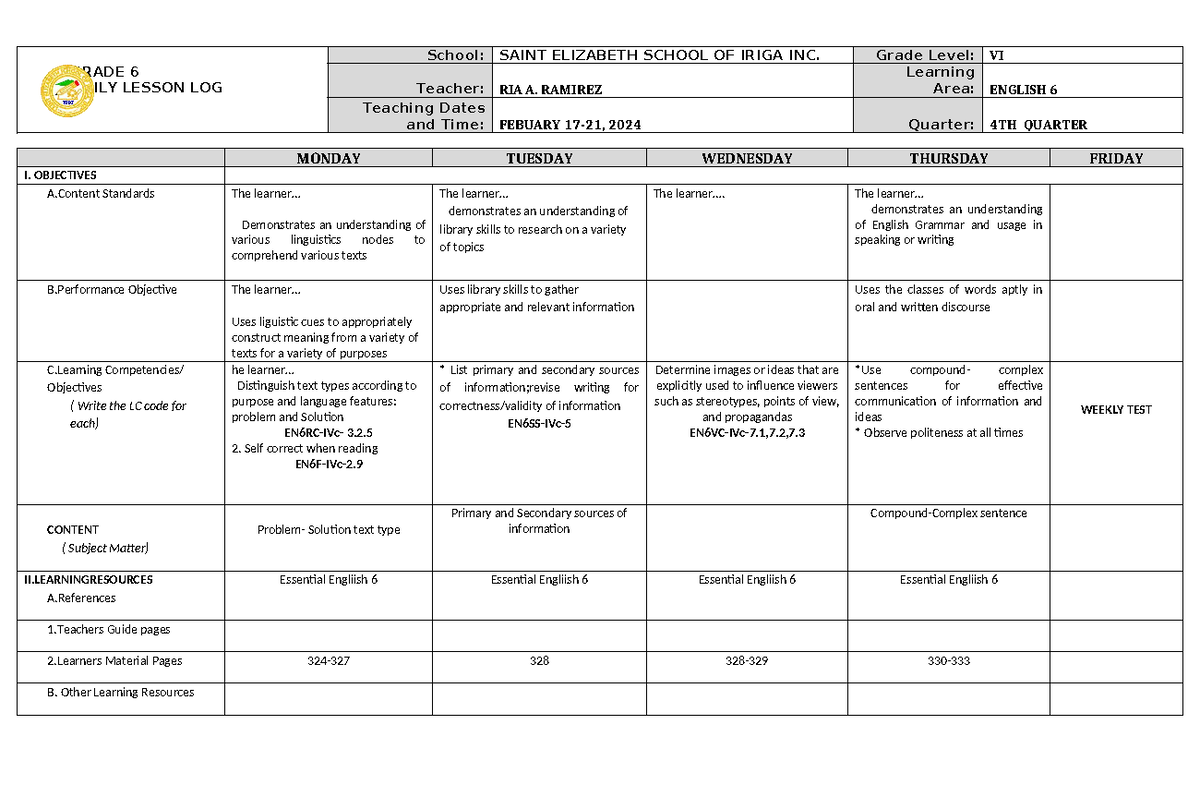 DLL English 6 Q4 W3 - Daily Lesson Log and Objectives - Studocu