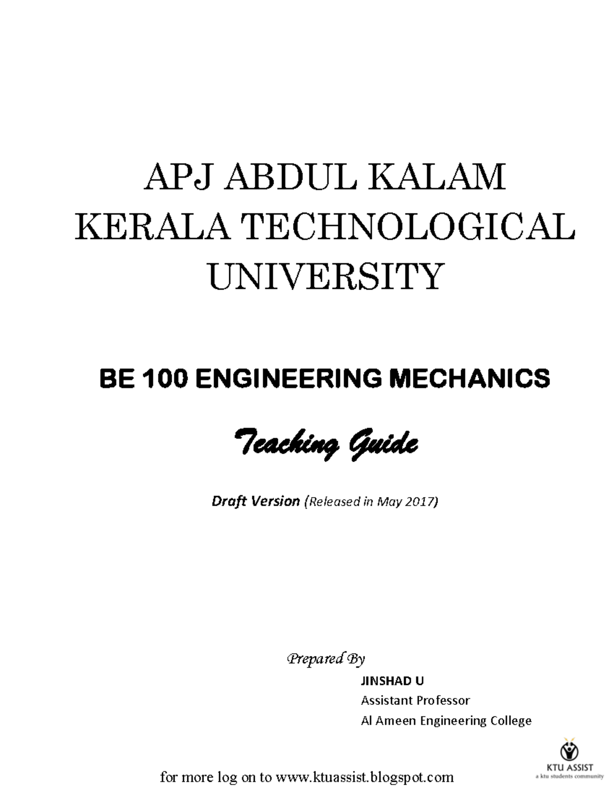KTU BE 100 Mechanics Module 1 - Lecture Notes on Statics and Dynamics ...