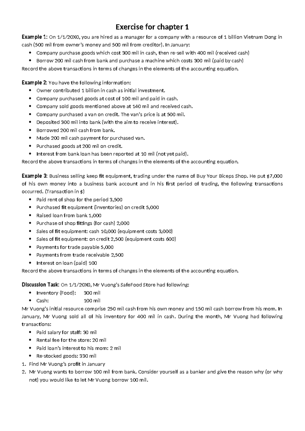 Example Exercises for Chapter 1: Accounting Transactions Analysis - Studocu