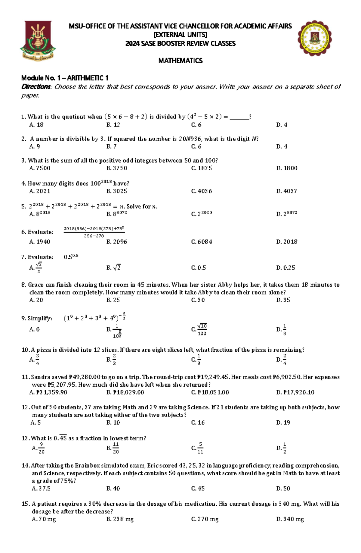 Module-1: Arithmetic 1 Review Questions for 2024 SASE Classes - Studocu