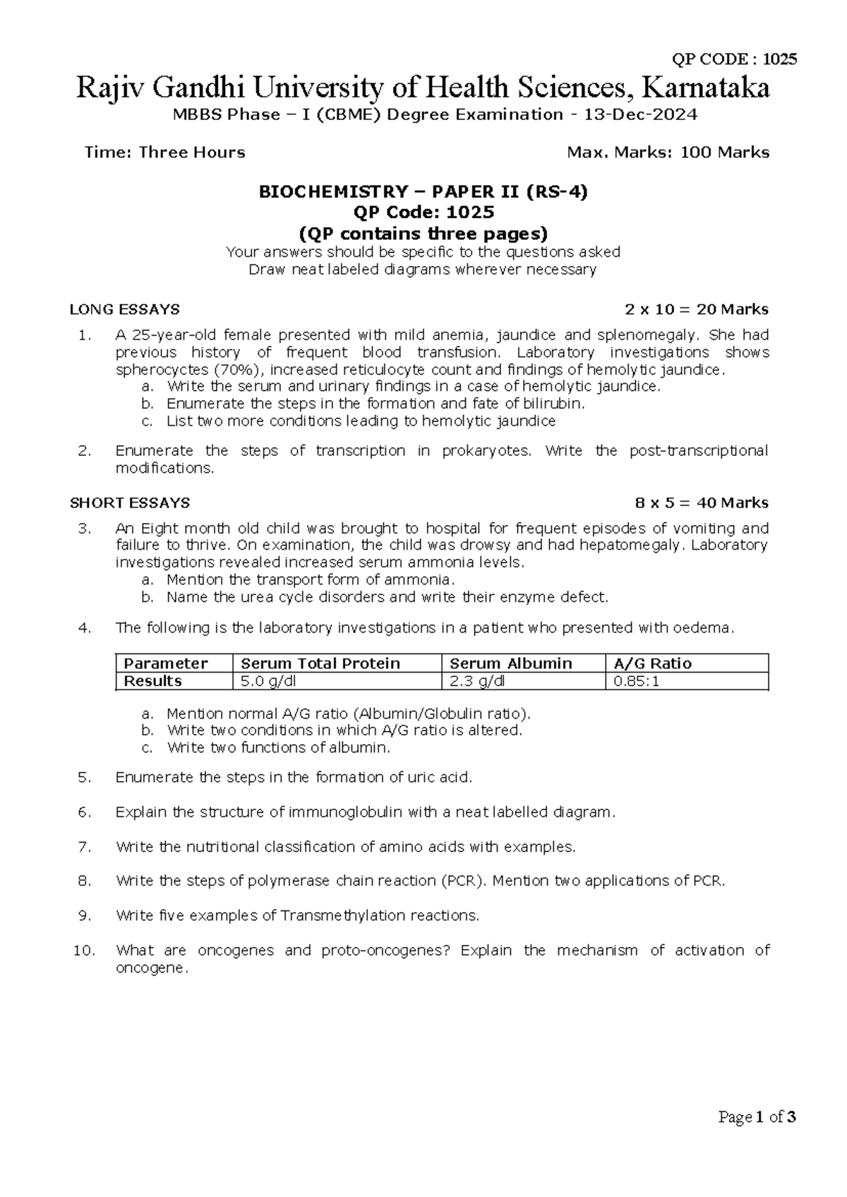 MBBS 1025 - Biochemistry Paper II - Exam Questions & Answers - Studocu