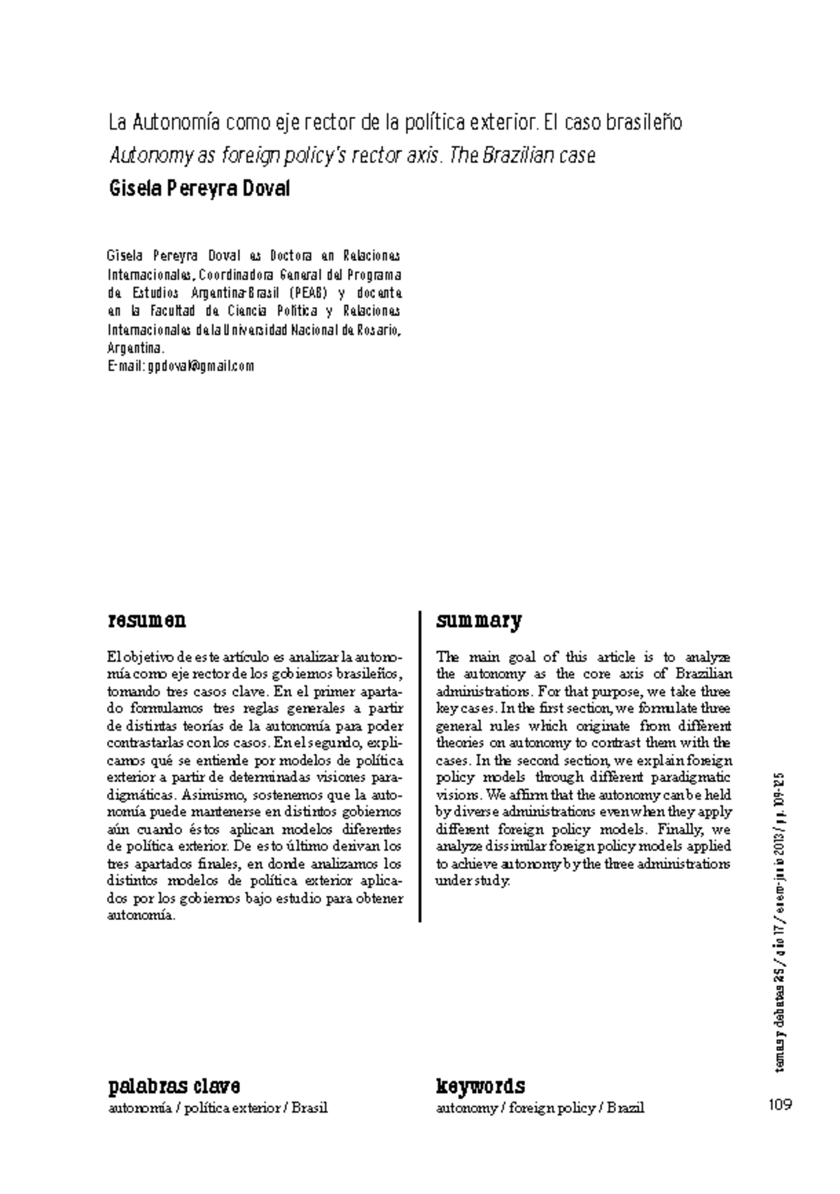 La Autonomía en la Política Exterior Brasileña: Análisis y Modelos (T&D ...