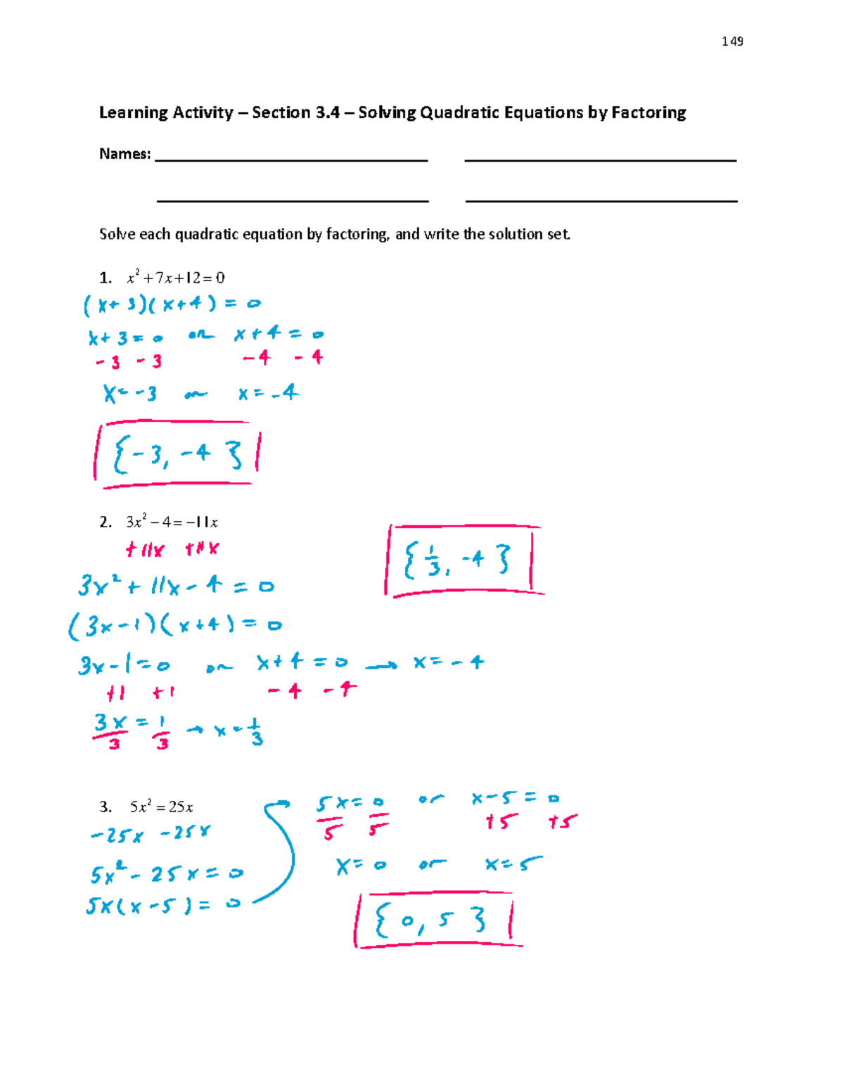 Solving Quadratic Equations - Learning Activity – Section 3 .4 ...