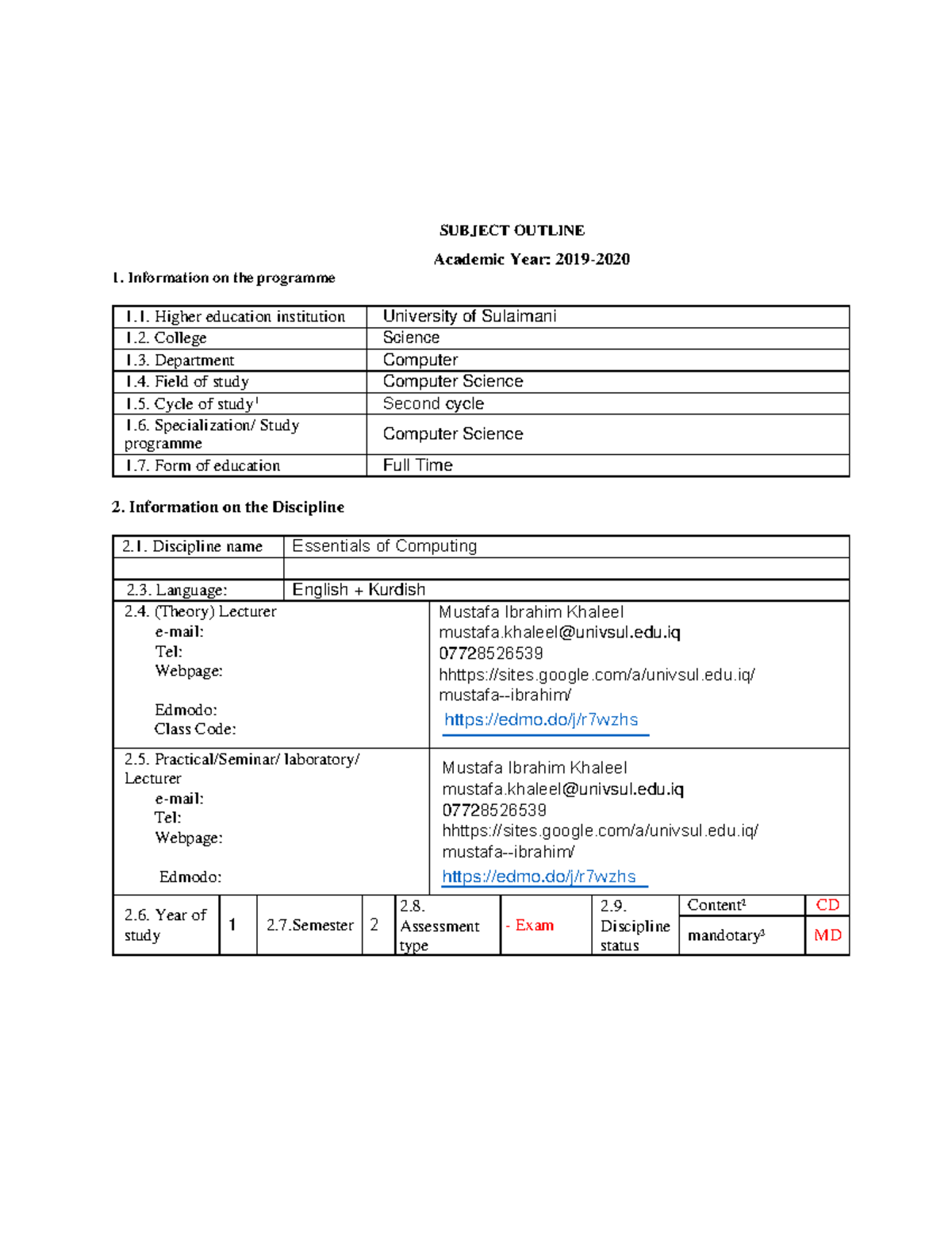 Essentials of Computing Course Outline - CS 1st Cycle - Studocu
